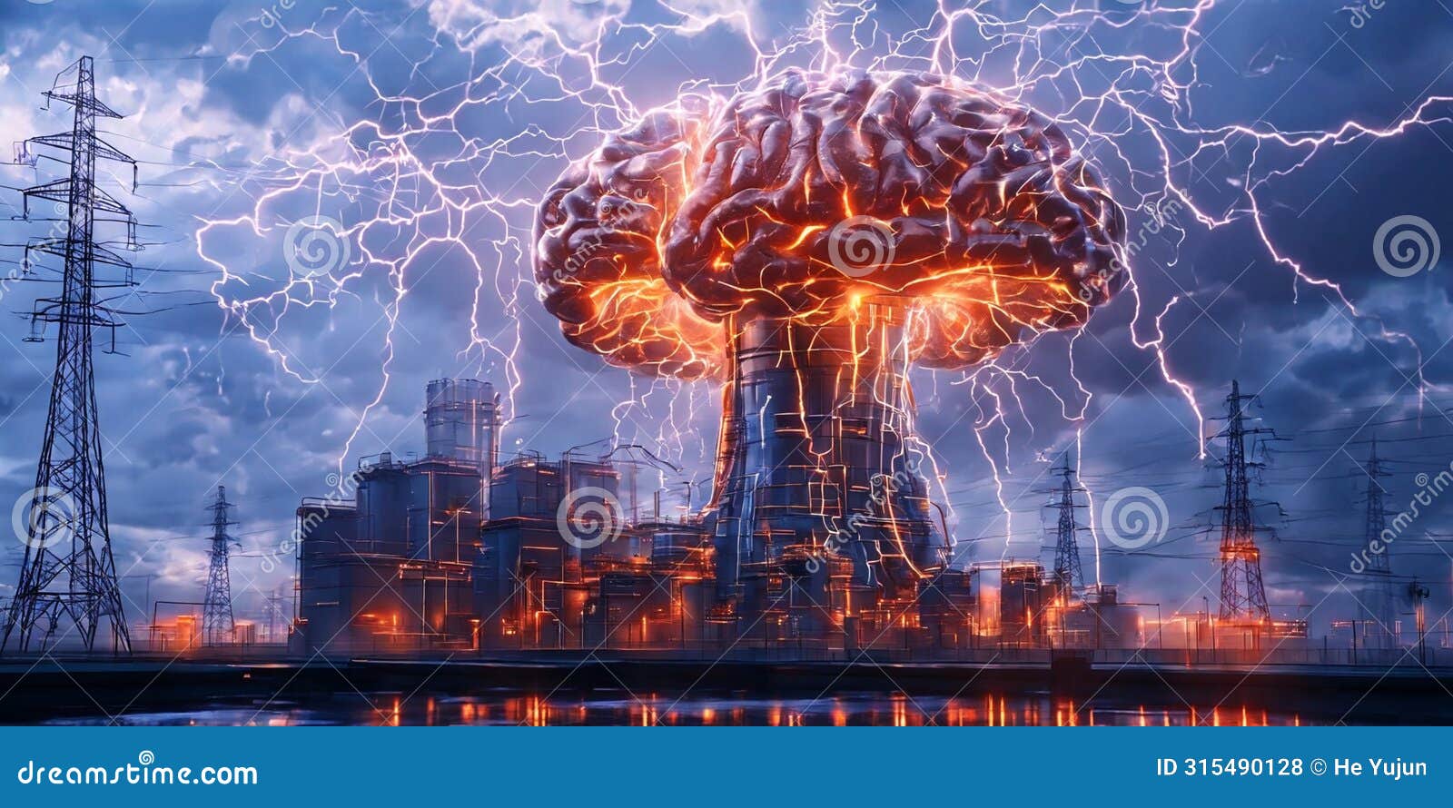 Apocalyptic Brainstorm: Towering Flames and Electrical Fury Stock ...