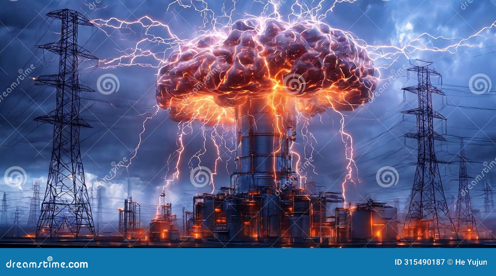 Apocalyptic Brainstorm: Towering Flames and Electrical Fury Stock ...