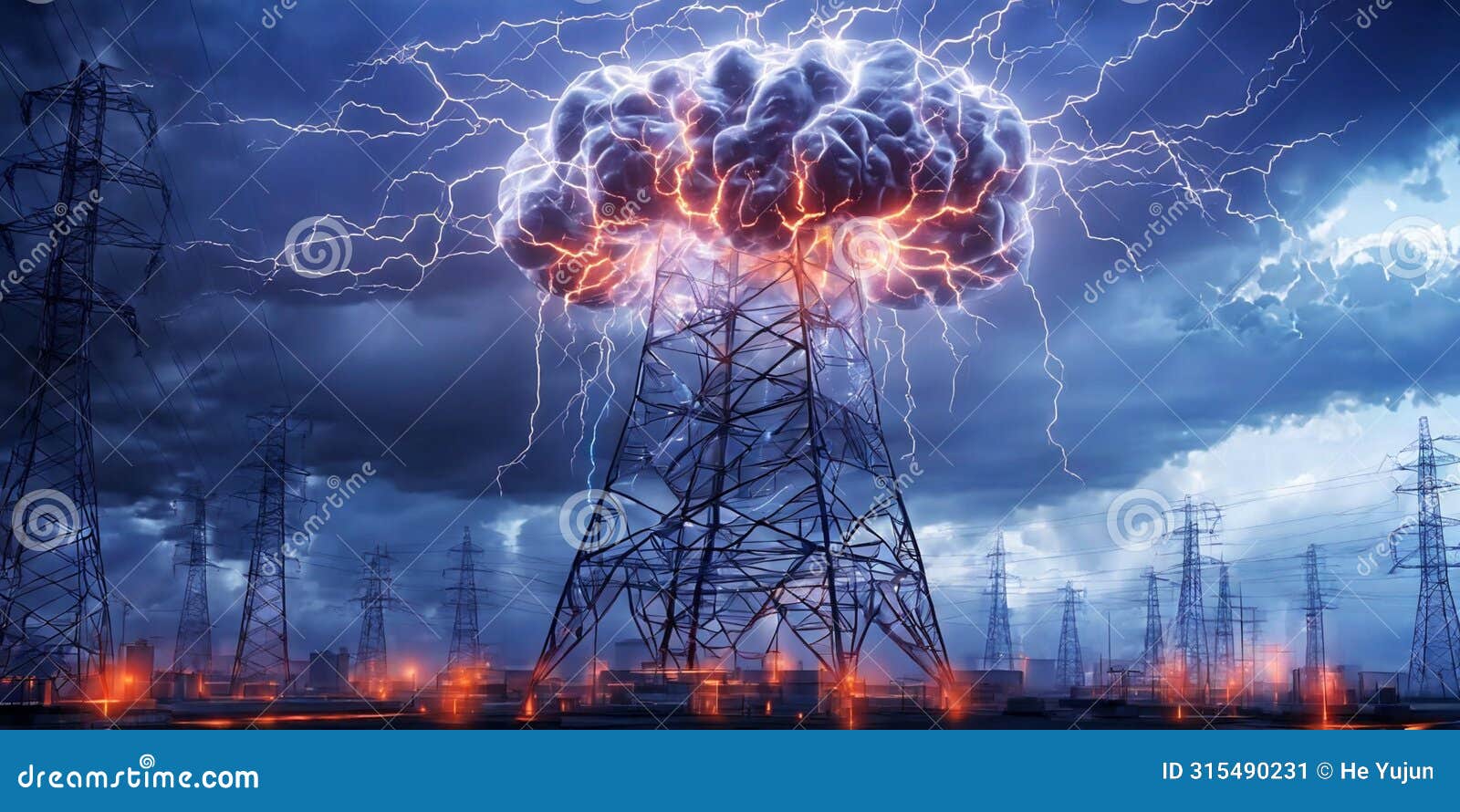 Apocalyptic Brainstorm: Towering Flames and Electrical Fury Stock ...