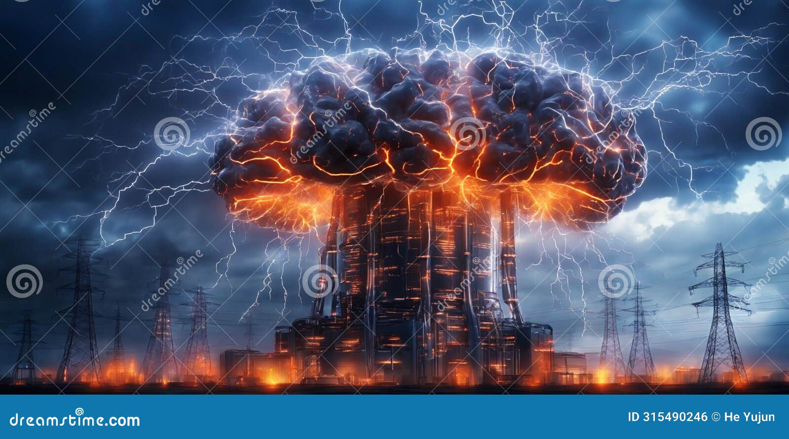 Apocalyptic Brainstorm: Towering Flames and Electrical Fury Stock ...
