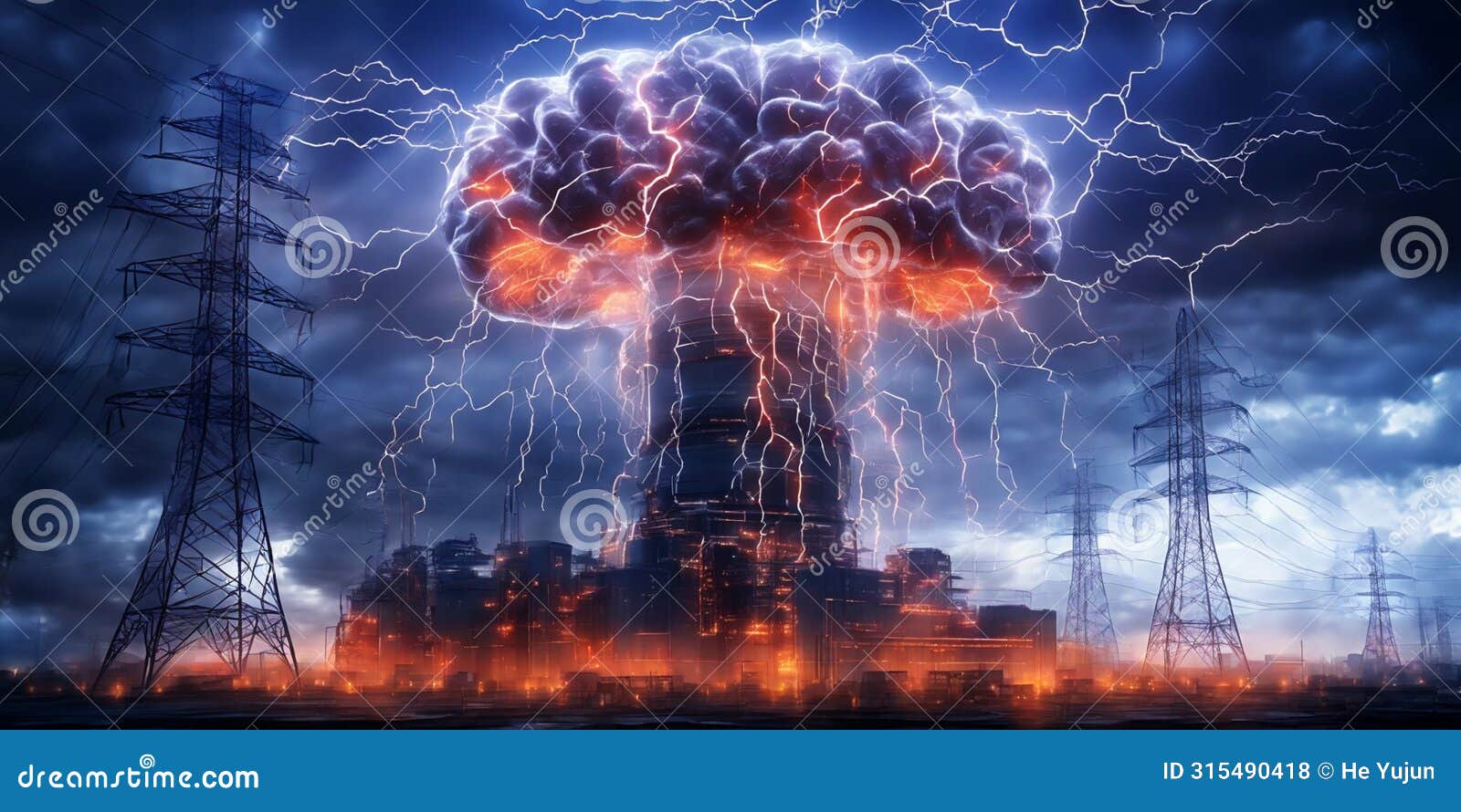 Apocalyptic Brainstorm: Towering Flames and Electrical Fury Stock ...