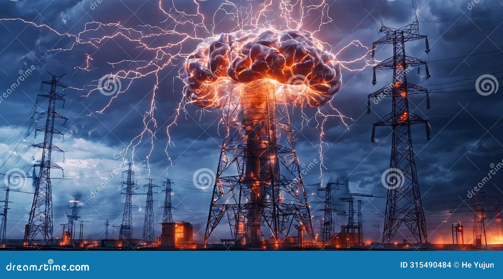 Apocalyptic Brainstorm: Towering Flames and Electrical Fury Stock ...
