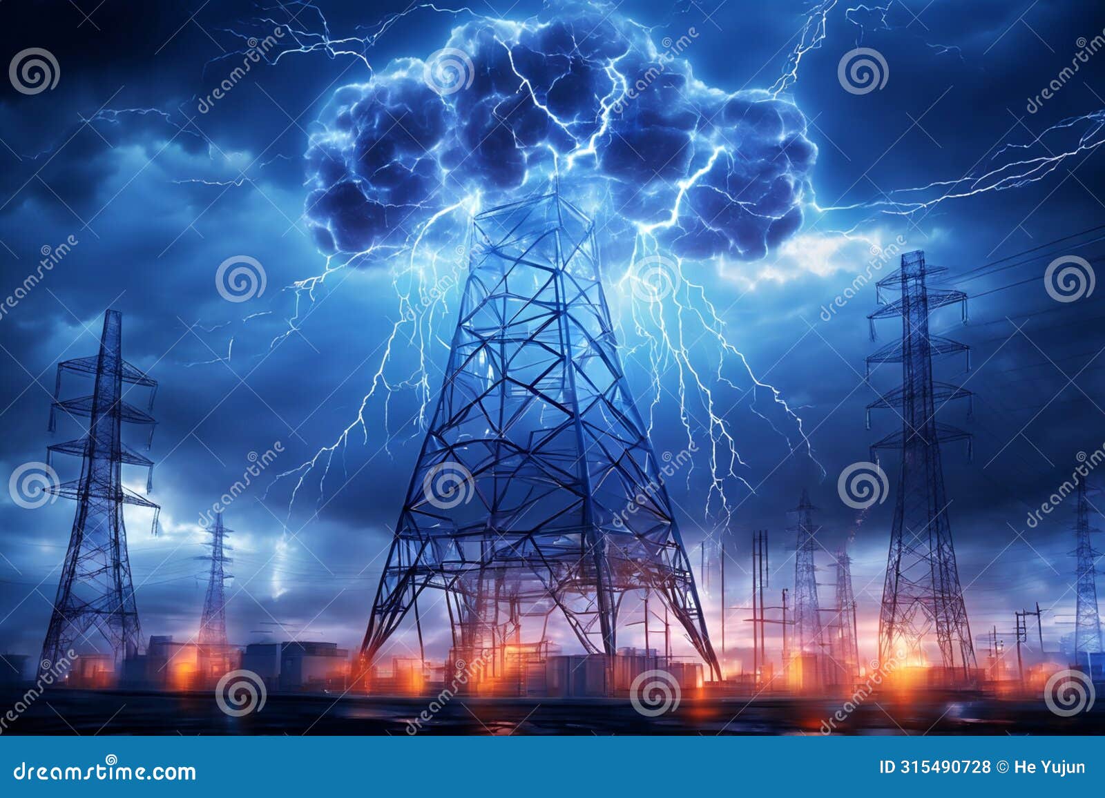 Apocalyptic Brainstorm: Towering Flames and Electrical Fury Stock ...
