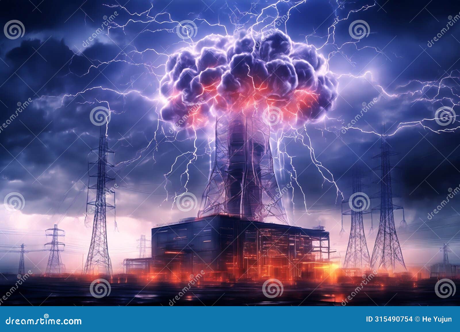 Apocalyptic Brainstorm: Towering Flames and Electrical Fury Stock ...