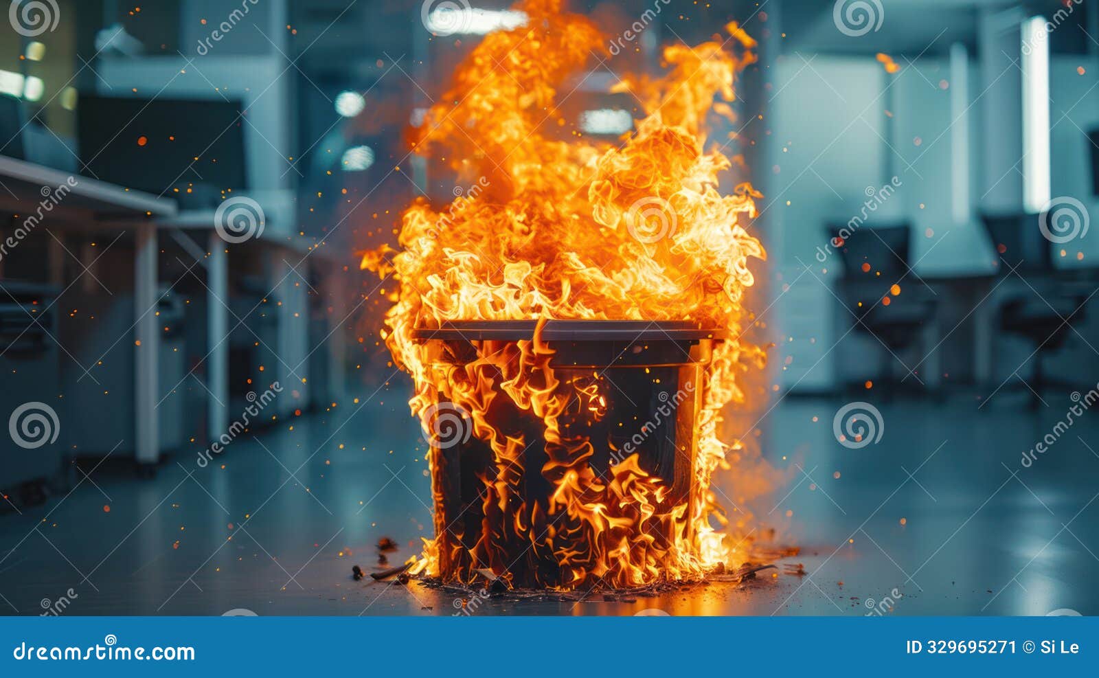 Office Fire Hazard: Burning Waste Bin Ignites Blaze in Corner Stock ...