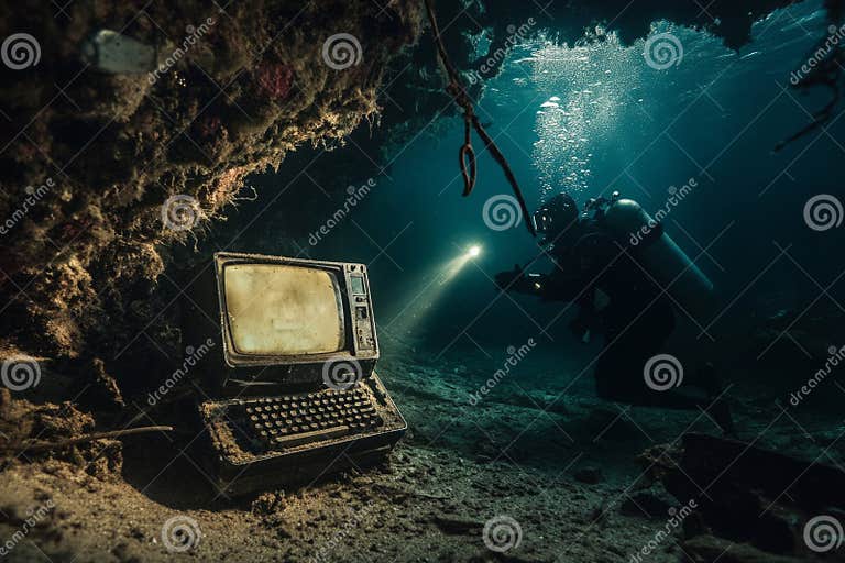 An Underwater Scene Features an Old Computer Resting on the Ocean Floor ...