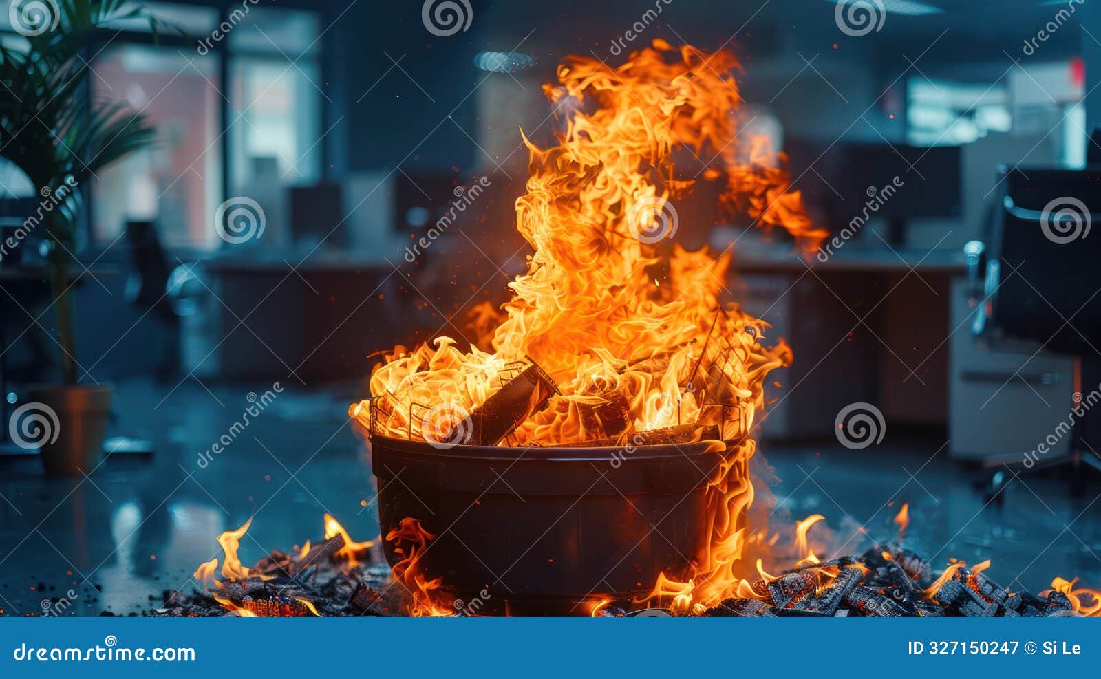 Office Fire Hazard: Burning Waste Bin Igniting Flames in Corner Stock ...