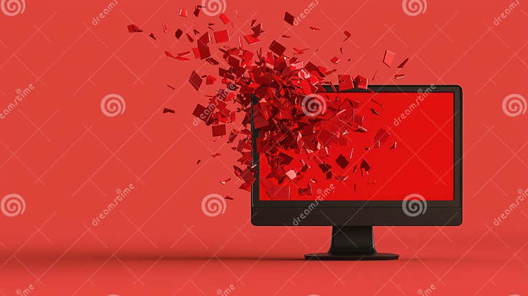Computer Screen with Red Warning Signs and Data Stream Fragmenting in ...