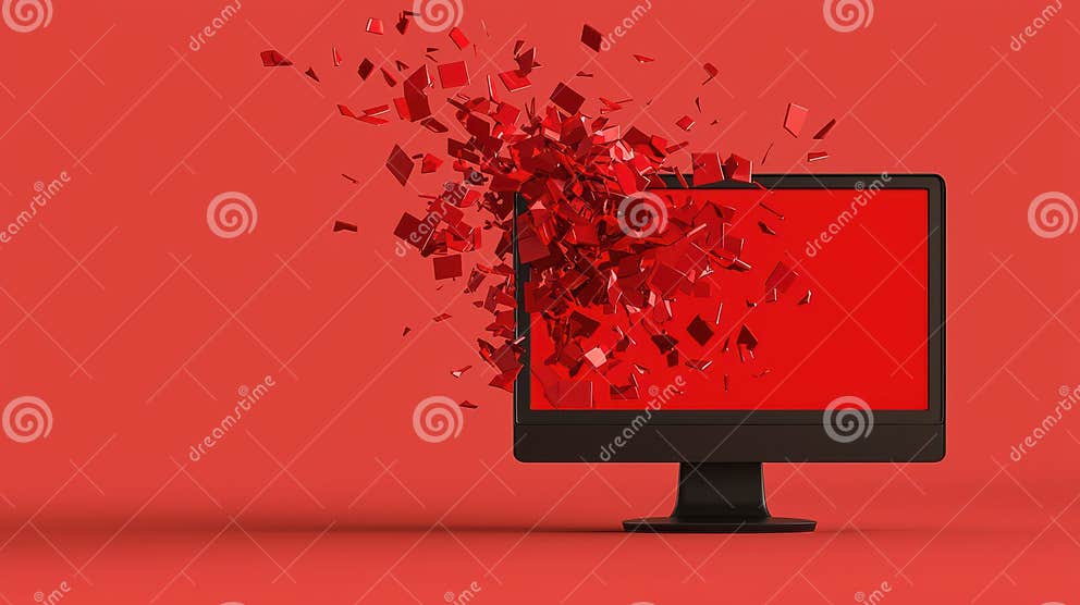 Computer Screen with Red Warning Signs and Data Stream Fragmenting in ...