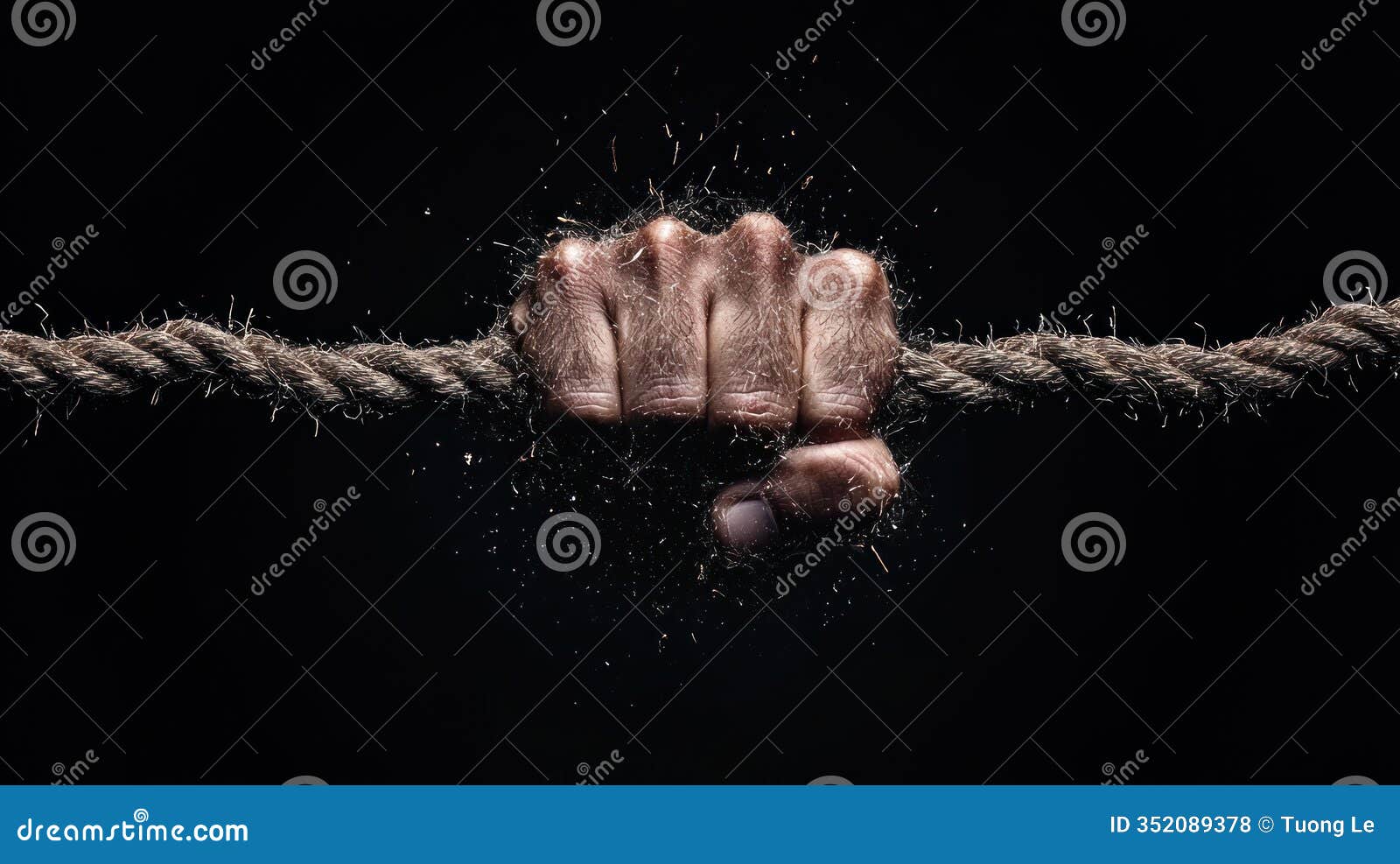 Tension and Contrast: Hand Pulling Frayed Rope on Black Background ...