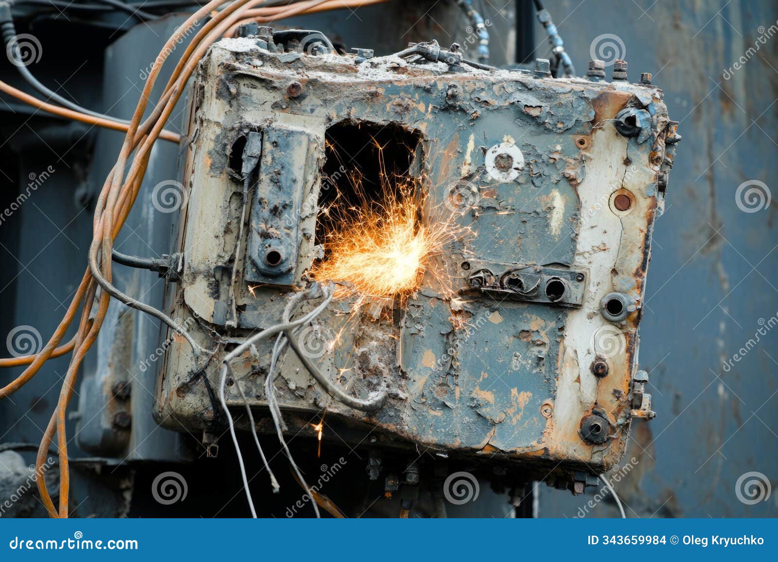 A Damaged Electrical Panel Sparks with Energy. Wires are Exposed and ...