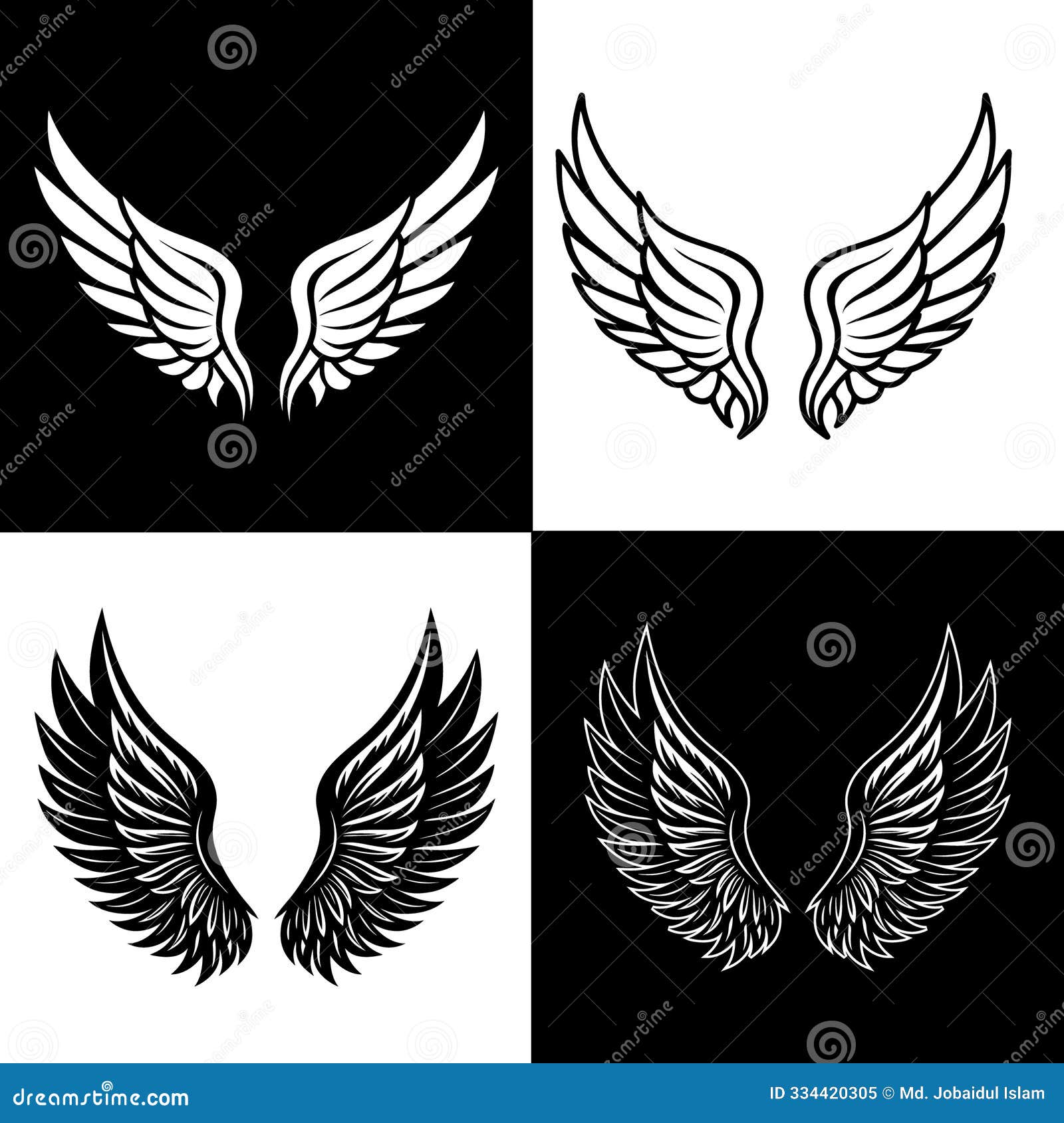 Monochrome Angel Wings Vector Set - Black and White Illustration Stock ...