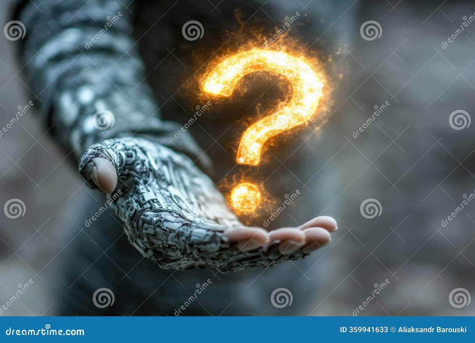 Futuristic Robotic Hand Holding a Glowing Question Mark Symbol Stock ...