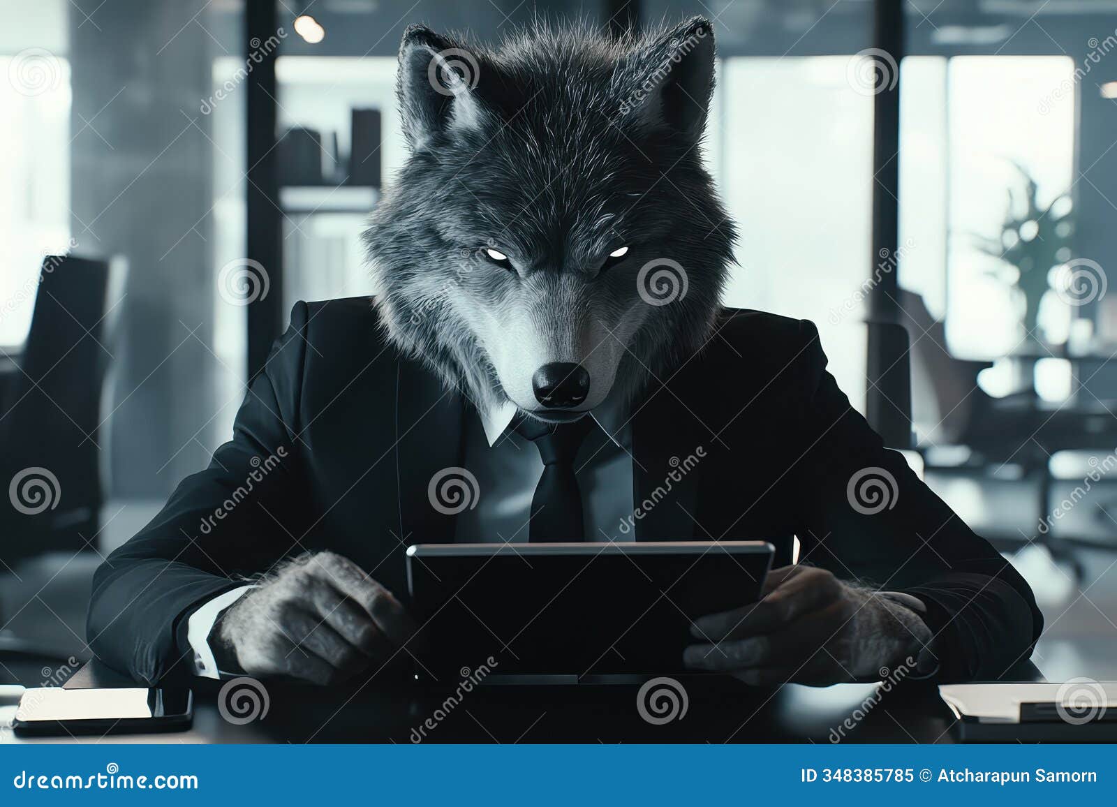 Humanoid Wolf in Sharp Black Suit Leaning Slightly in Modern Office ...