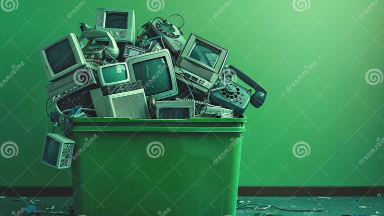 A Vibrant Green Dumpster Overflowing with Old Computer Monitors ...