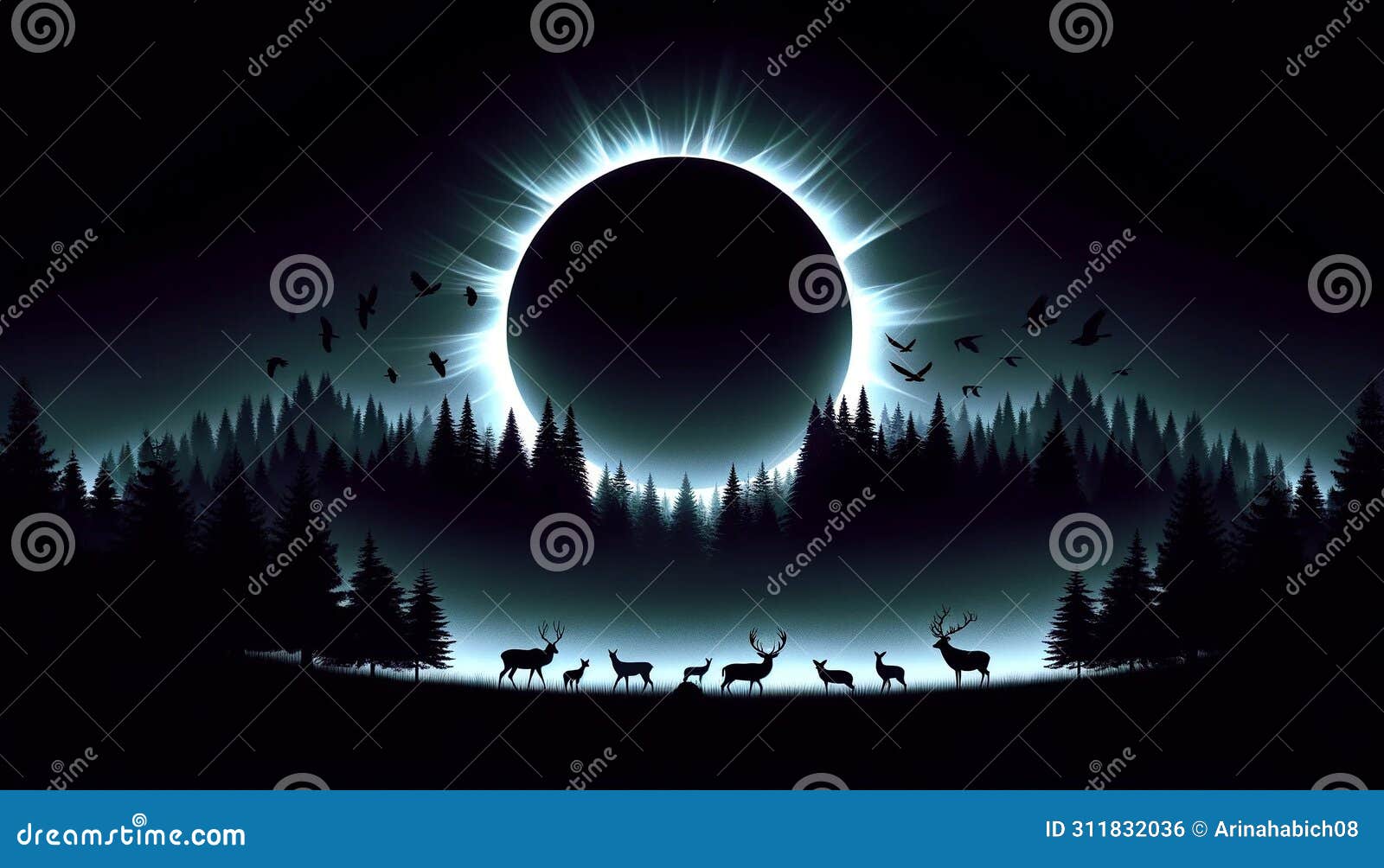 Majestic Solar Eclipse Over Serene Forest and Wildlife Silhouette Stock ...