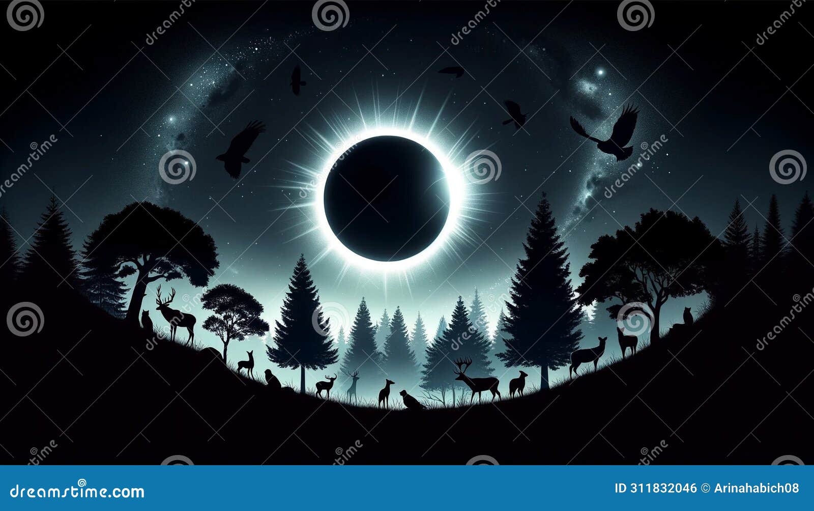 Majestic Solar Eclipse Over Serene Forest and Wildlife Silhouette Stock ...