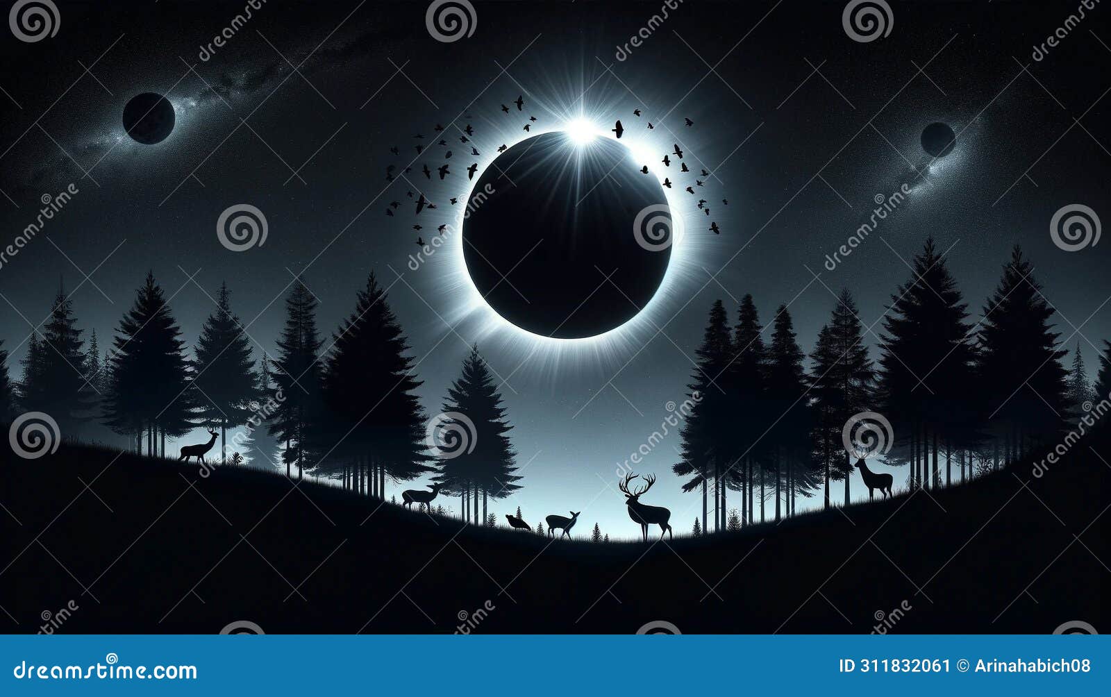 Majestic Solar Eclipse Over Serene Forest and Wildlife Silhouette Stock ...