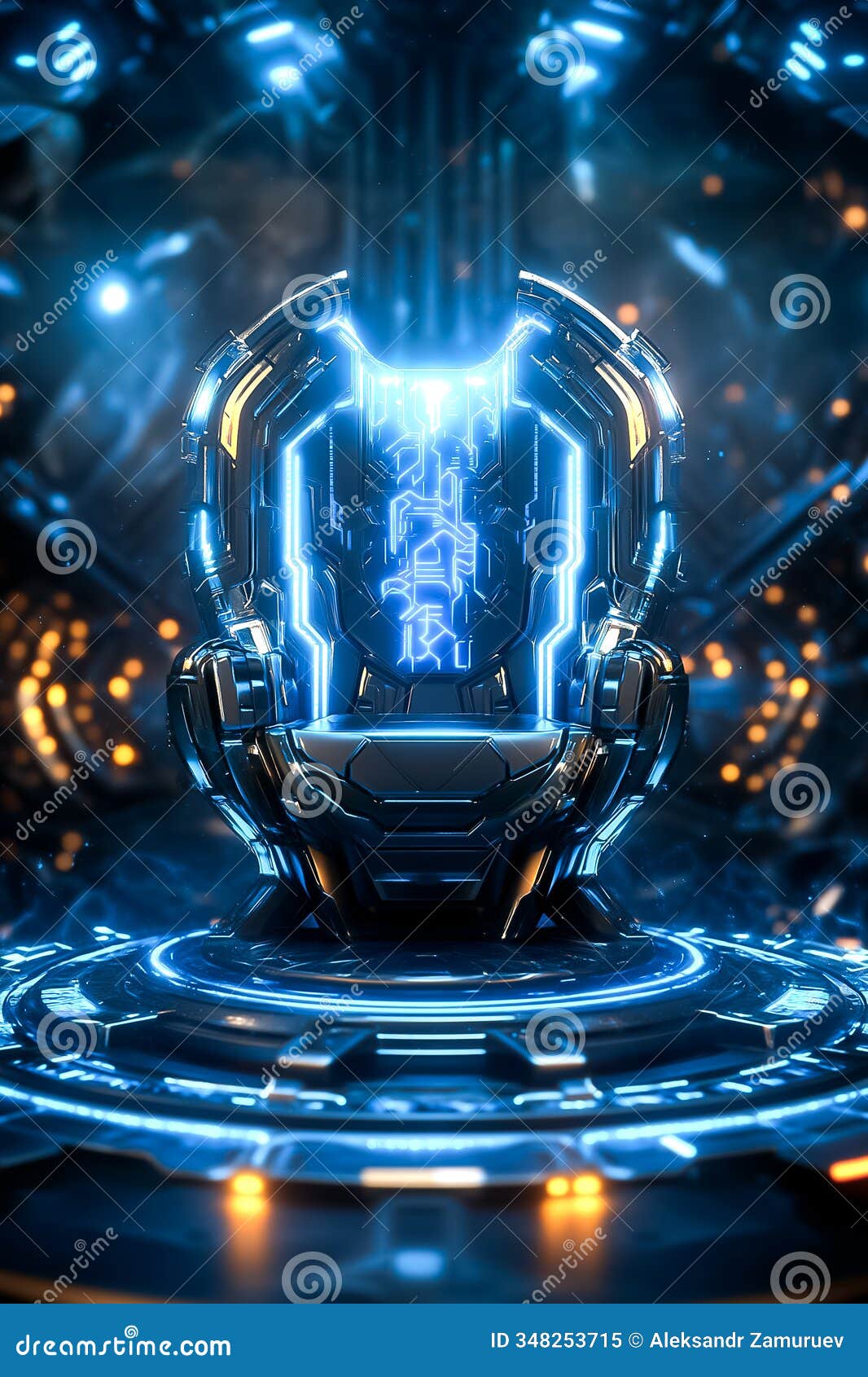 A Striking Metallic Throne Glows with Blue Lights, Set in a High-tech ...