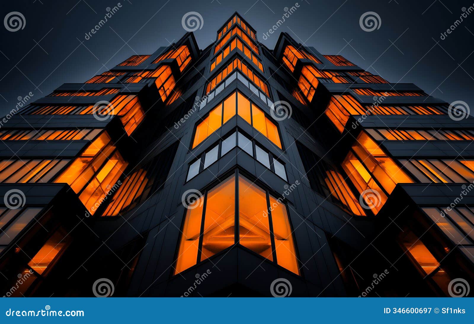 A Striking Modern Building Facade with Illuminated Orange Windows ...