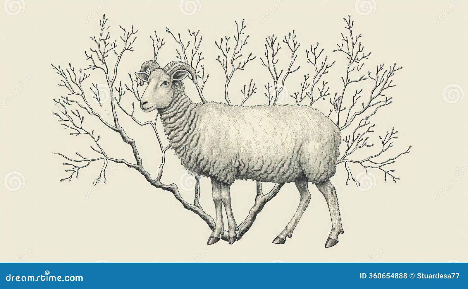 Surreal Black-and-white Illustration of a Ram Merging with Tree ...