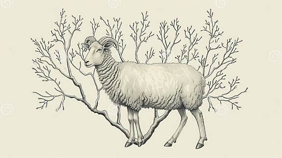 Surreal Black-and-white Illustration of a Ram Merging with Tree ...