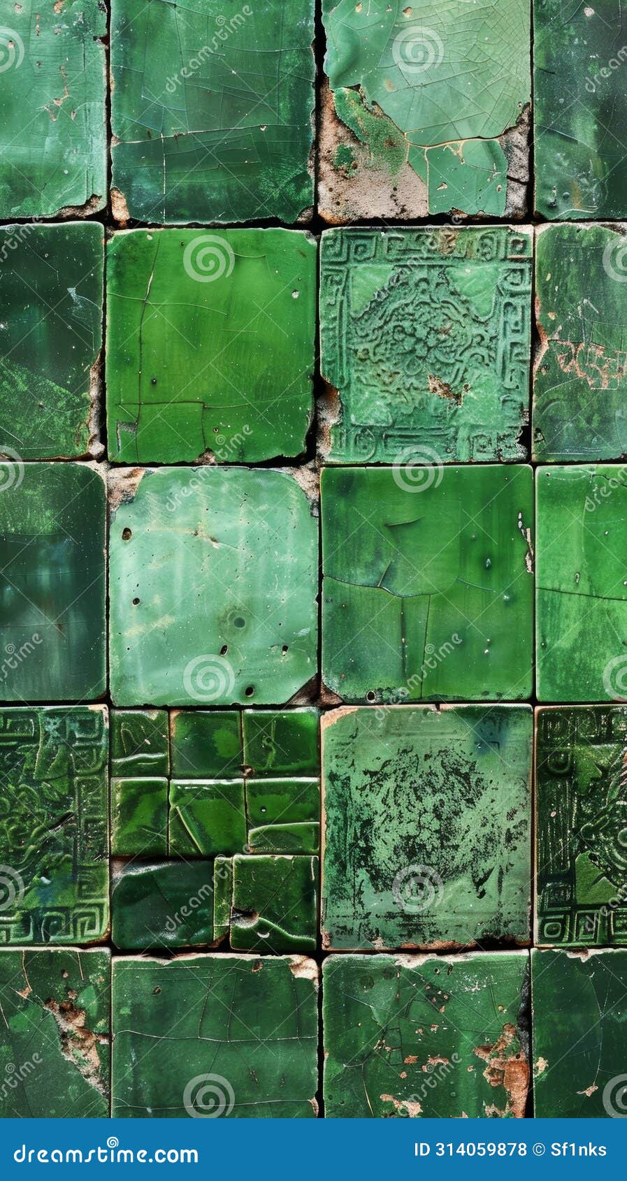 A Striking Pattern of Distressed, Deeply Textured Green Ceramic Tiles ...