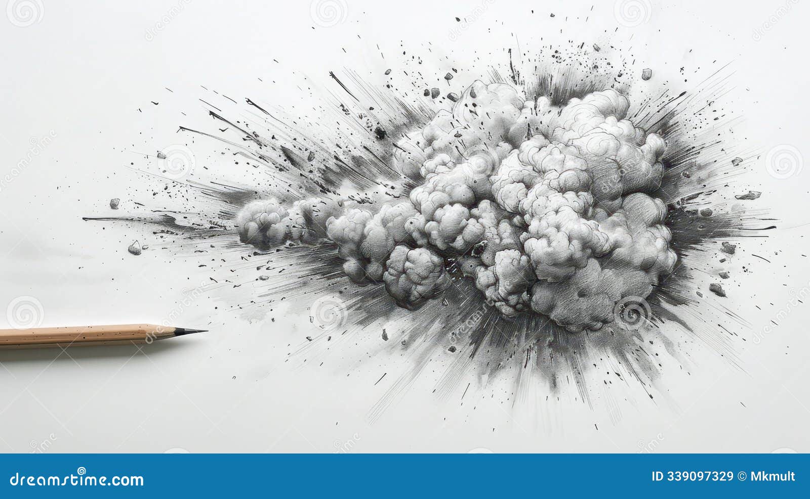 Detailed Pencil Drawing of an Explosion with Clouds, Capturing Dynamic ...