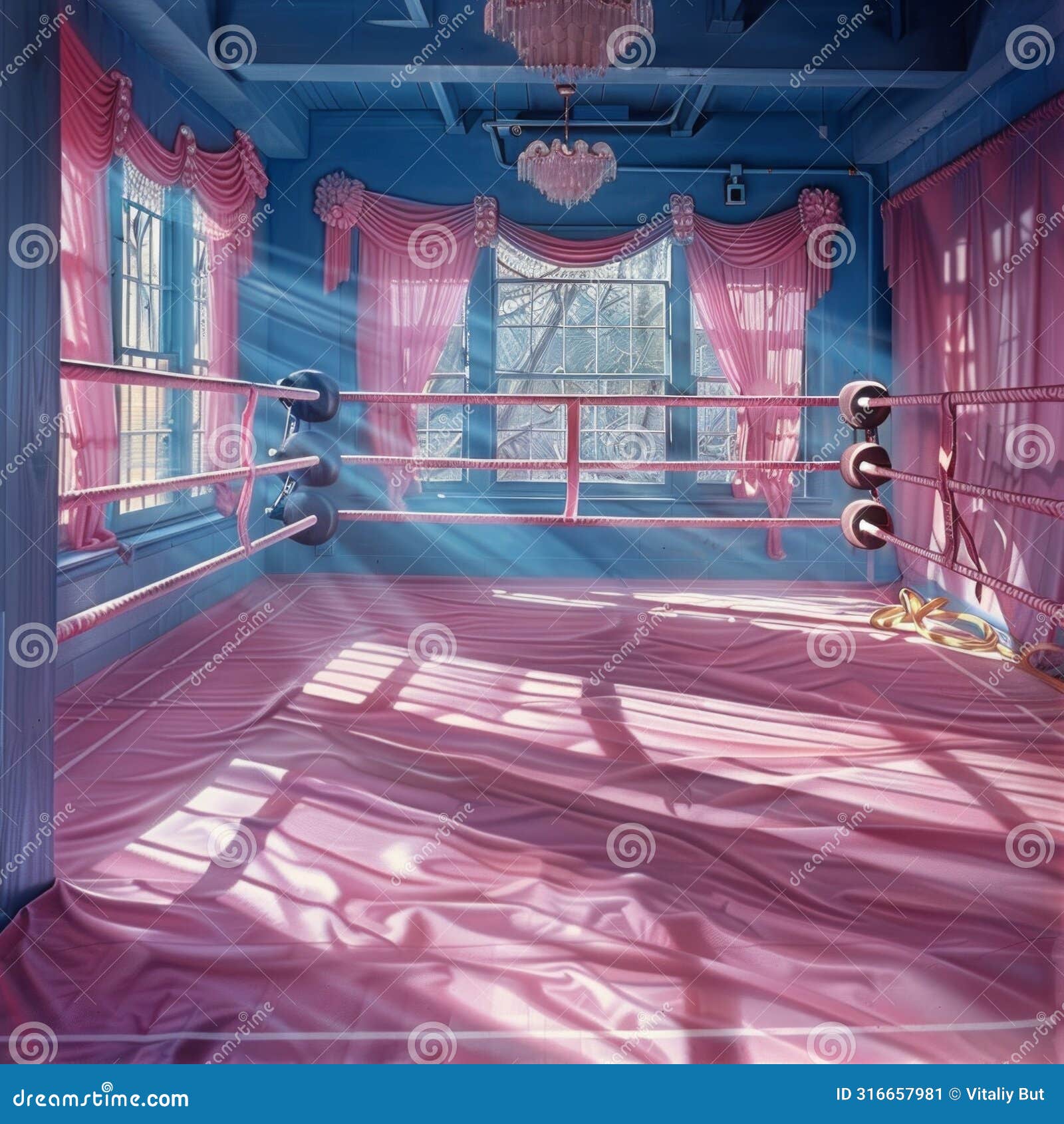 A Striking Pink and Blue Boxing Ring Illuminated by a Luxurious ...