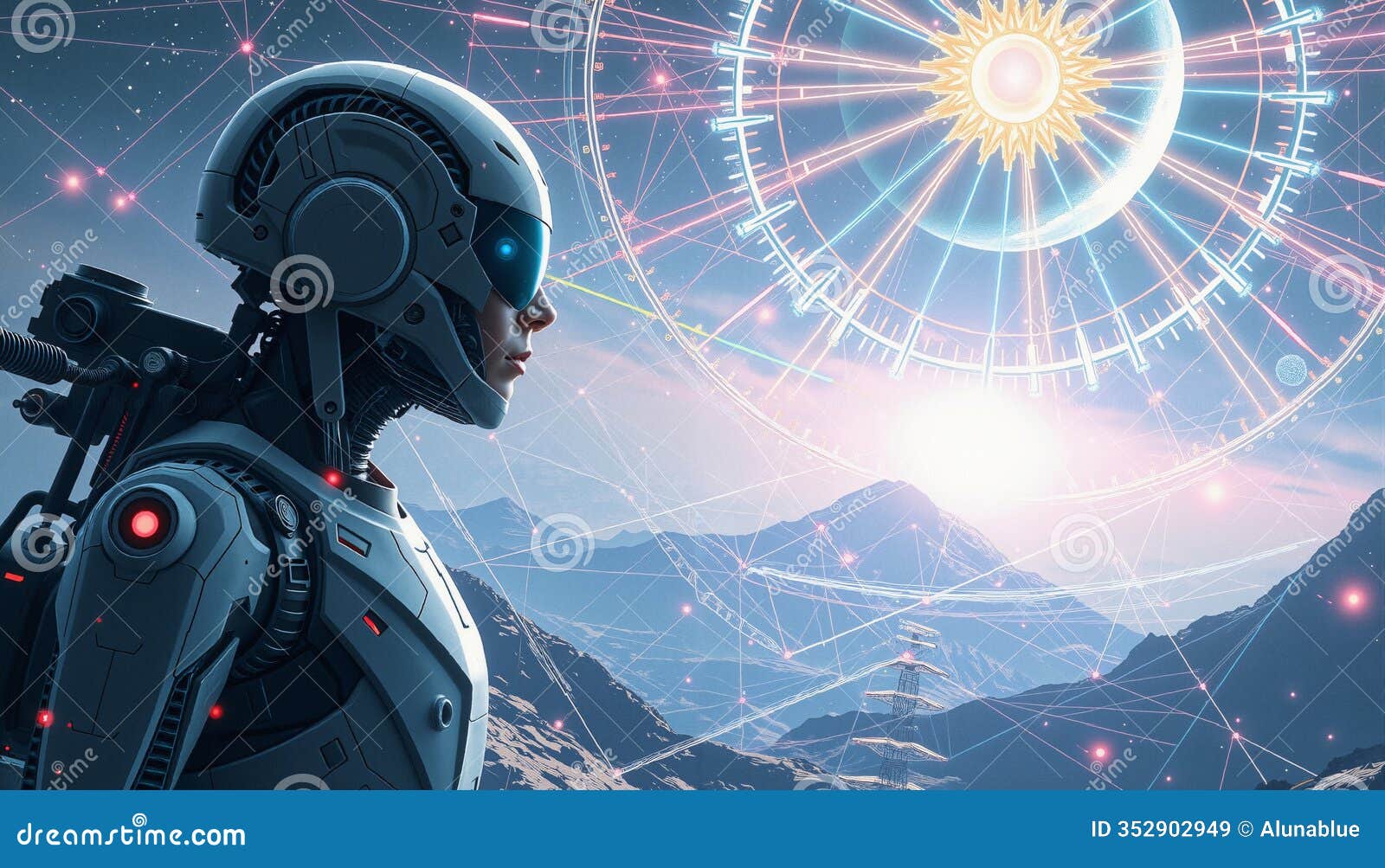 Digital Destiny among Mountains Stock Image - Image of retro, cyborg ...