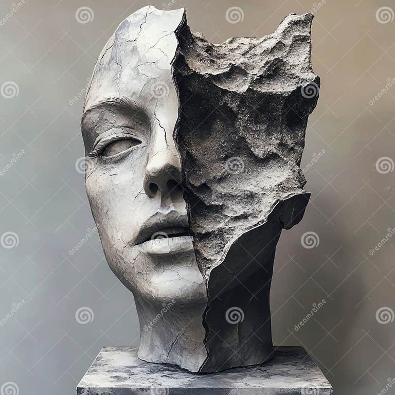 A Striking Sculpture of a Human Face Split between Smooth and Rugged ...