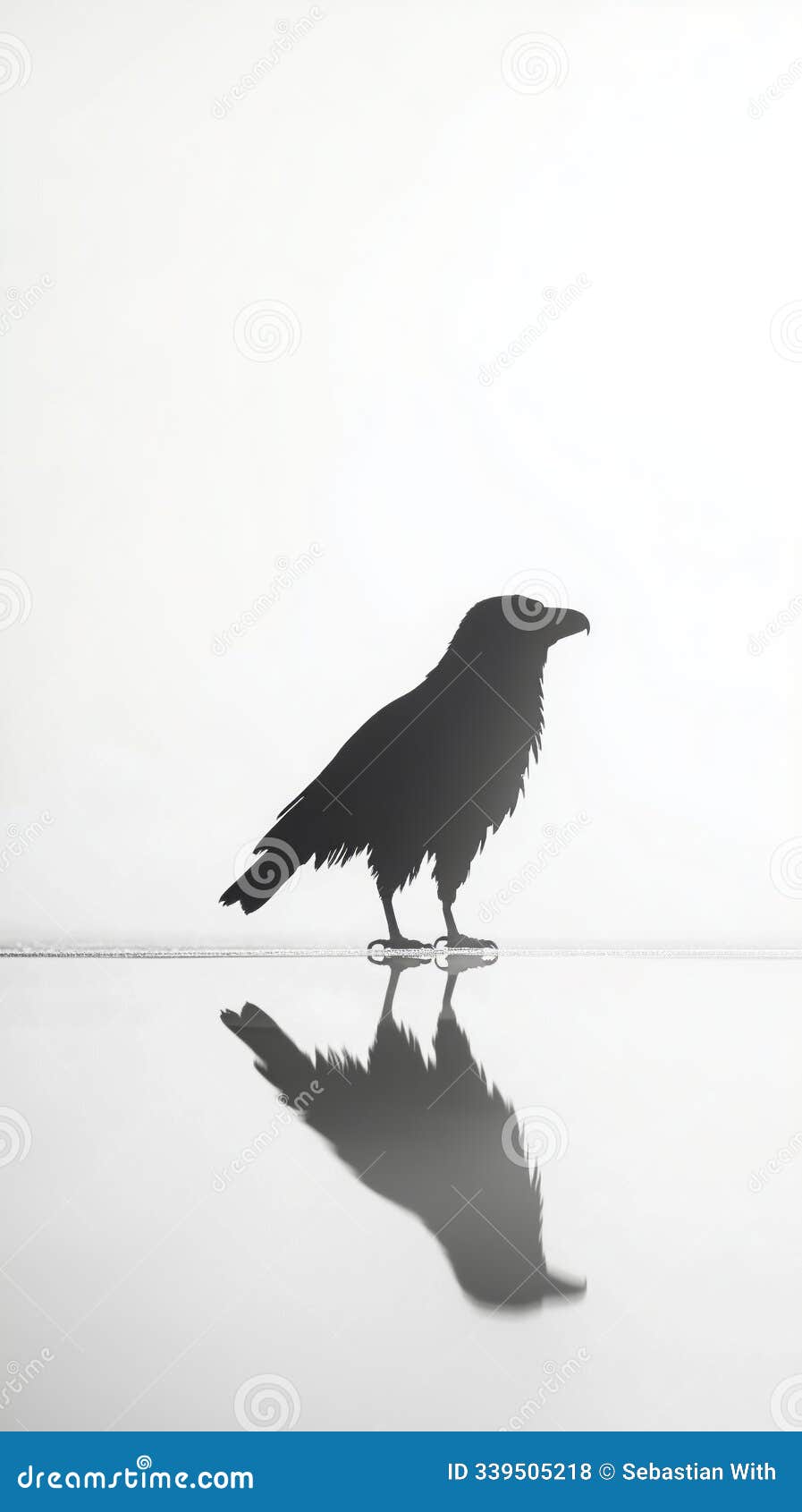 Silhouette of a Crow Standing with Reflection on a Smooth Surface ...
