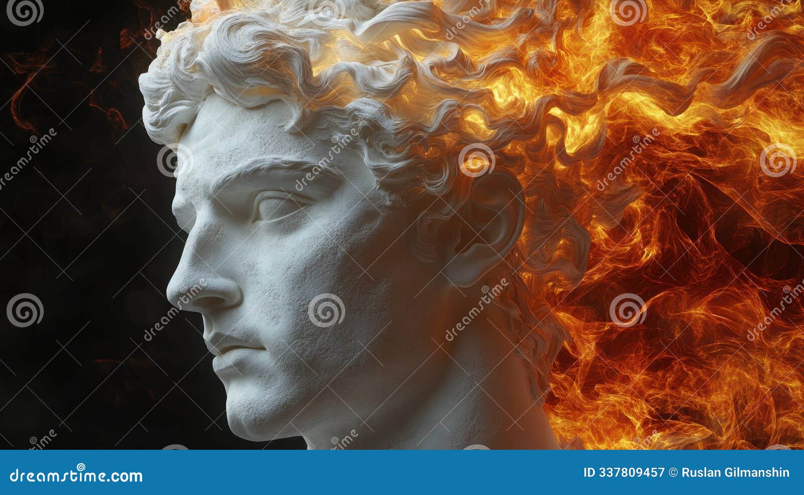 A Striking Statue of a Man with Flames Emerging from His Head Stock ...