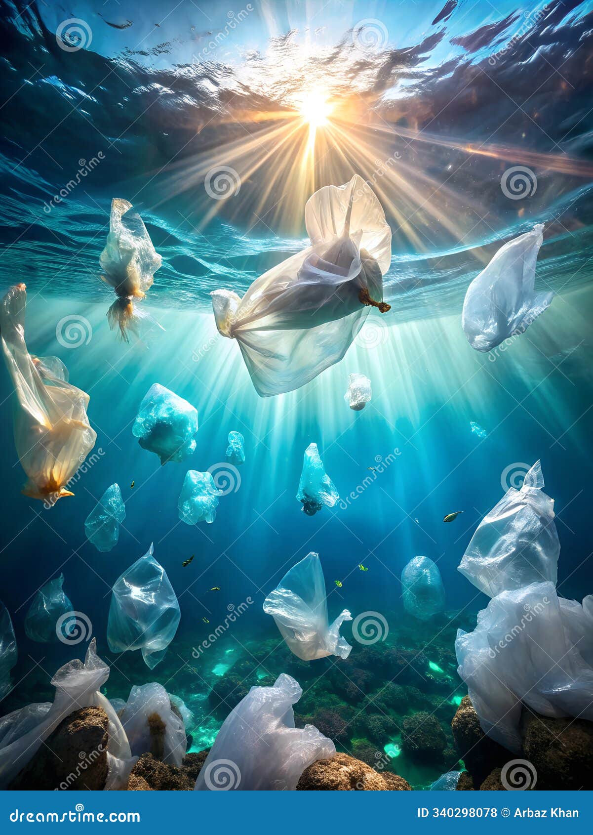 Plastic Bags Floating Underwater with Sunlight Above Stock Photo ...