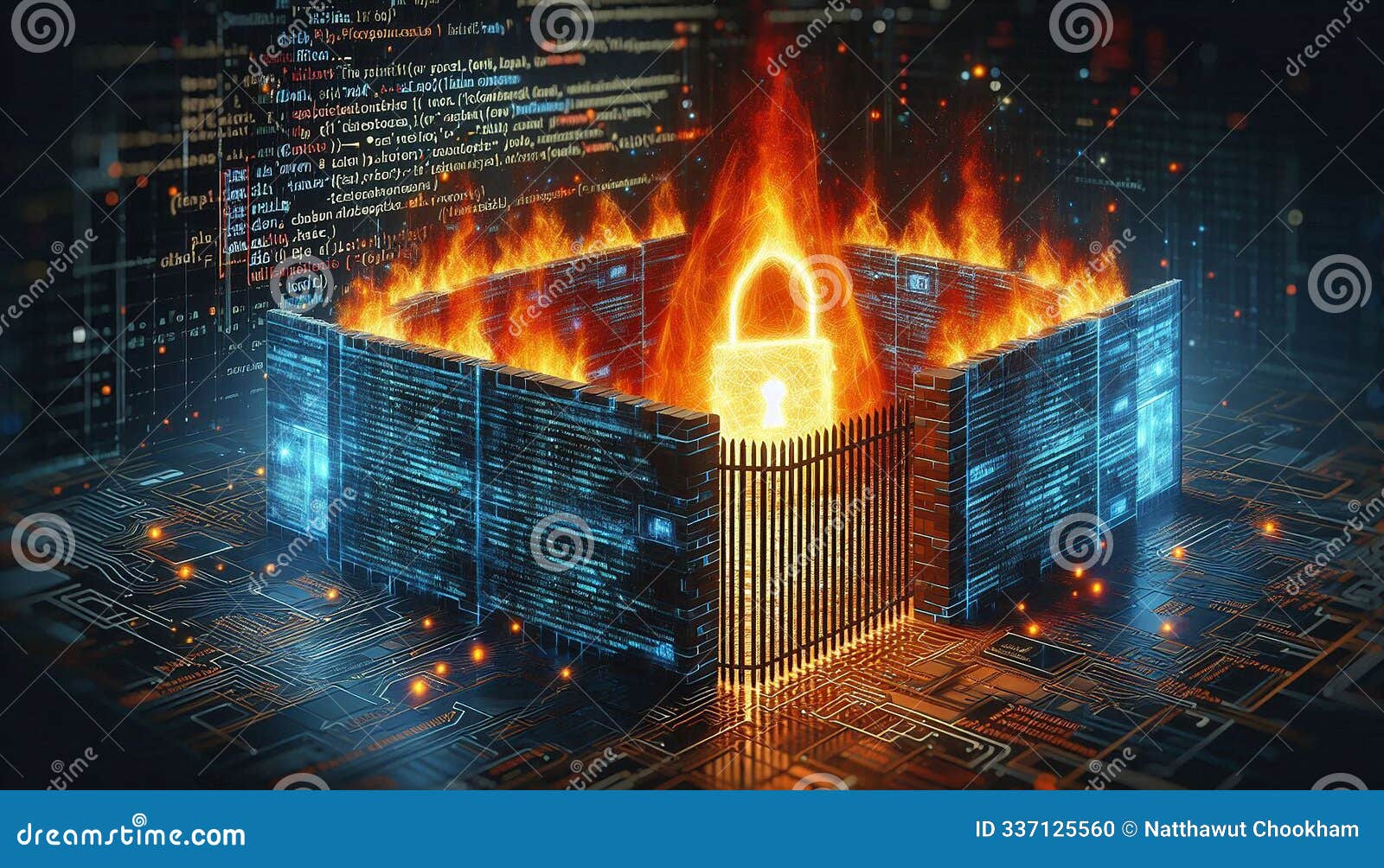 Digital Lock Surrounded by Fire and Data Streams Stock Illustration ...