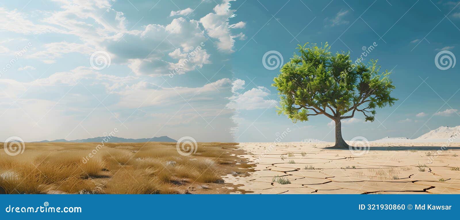 Split Image of Climate Change Impact with Lush Grass and Dry Desert ...