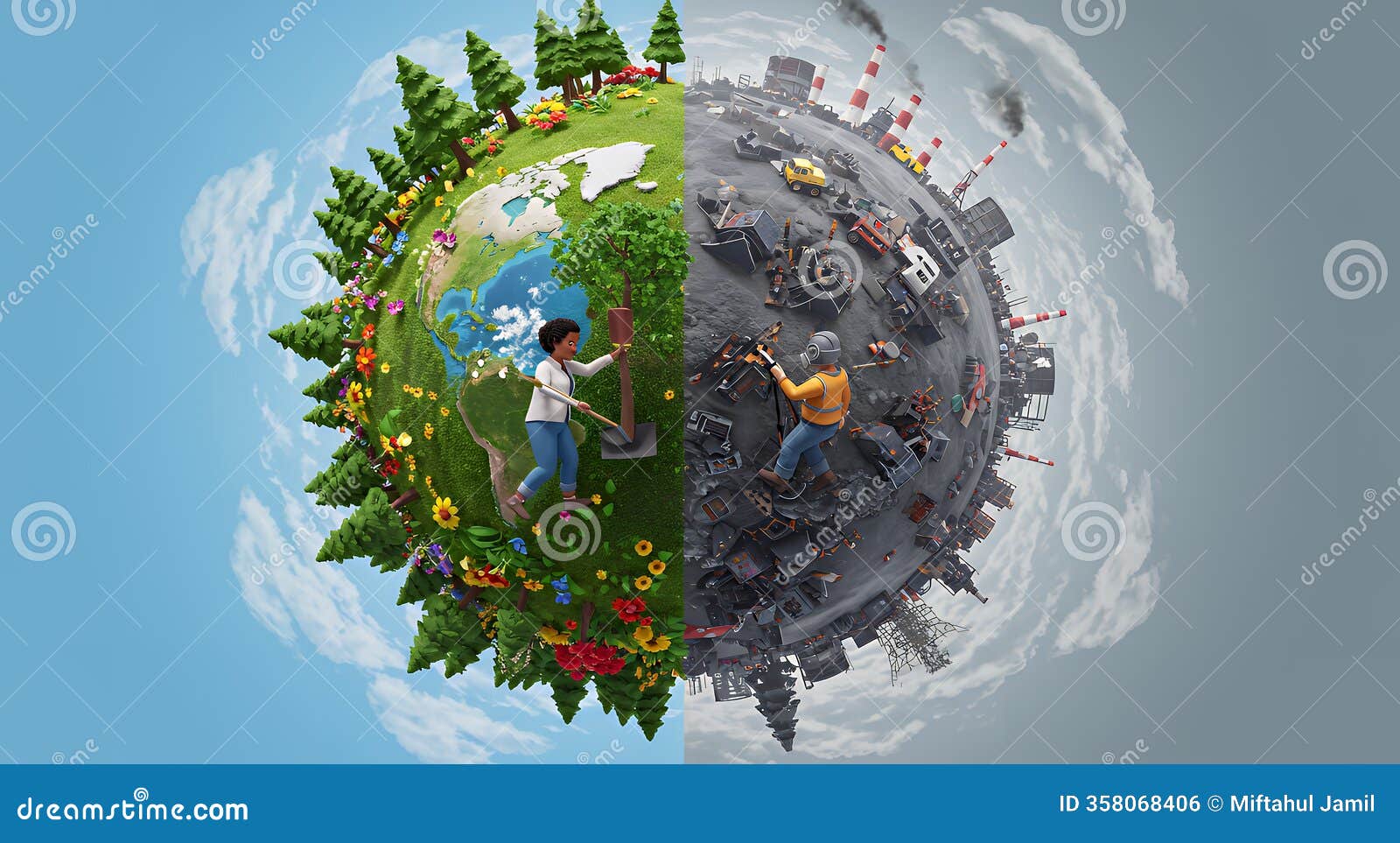 Half Destroyed and Half Preserved Planet Earth Environmental Contrast ...