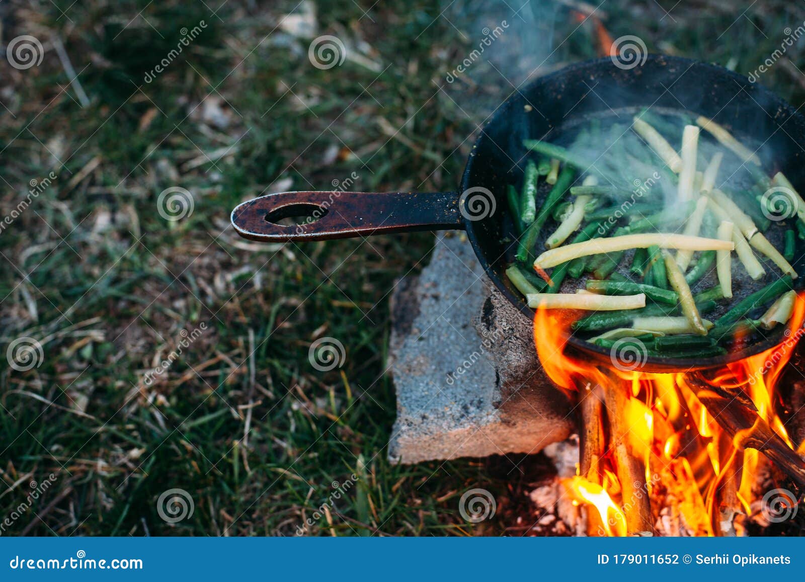 String Beans in a Pan. Cooking Vegetables on an Open Fire Stock Photo ...