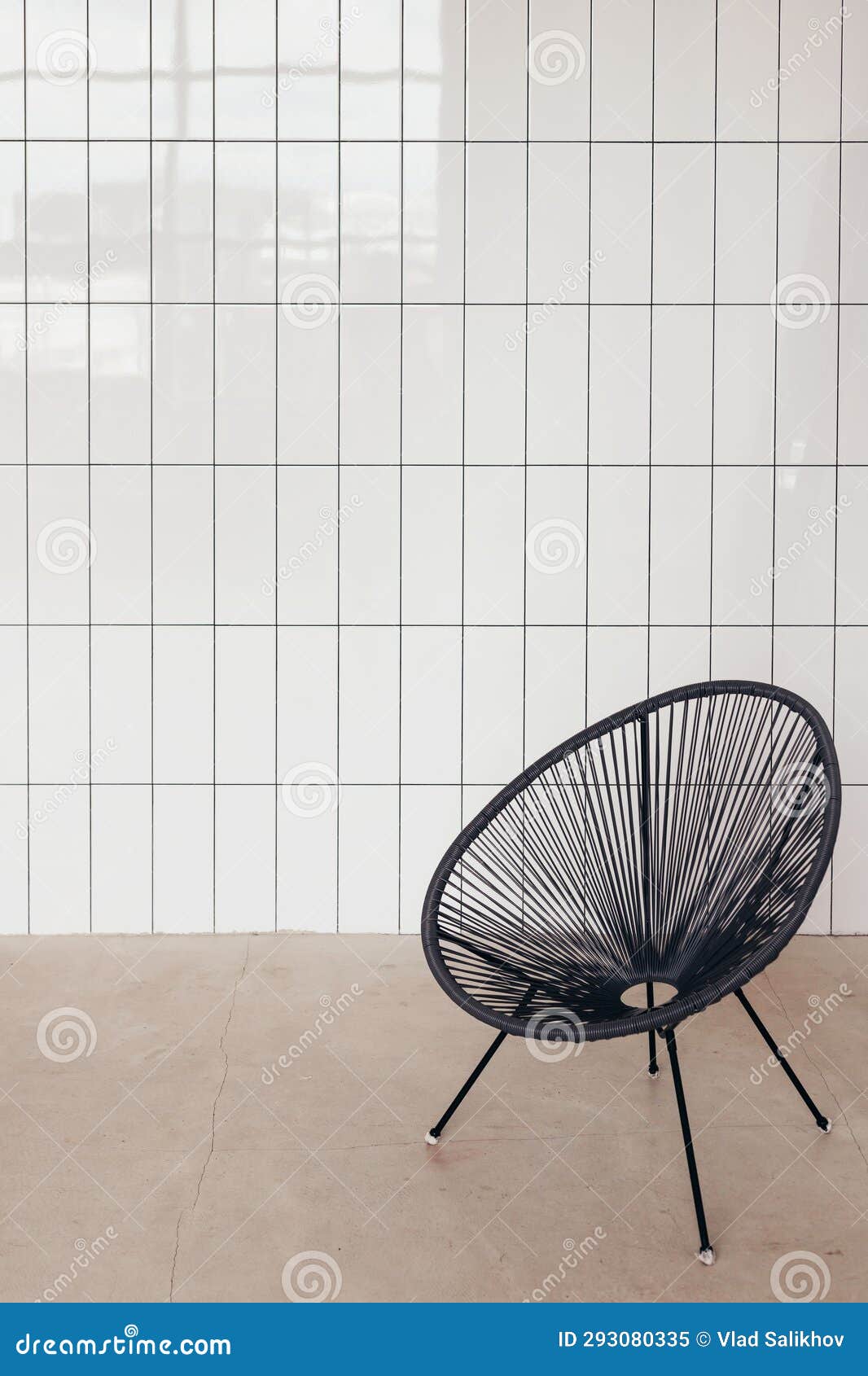 String Chair Against White Ceramic Tile Wall. Minimal Interior Stock ...