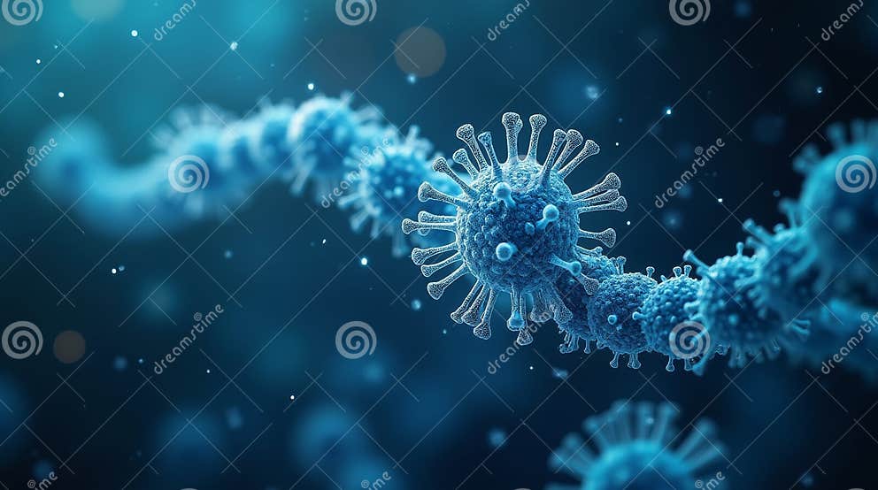 String of Connected Virus Particles on a Blue Background, 3D Scientific ...