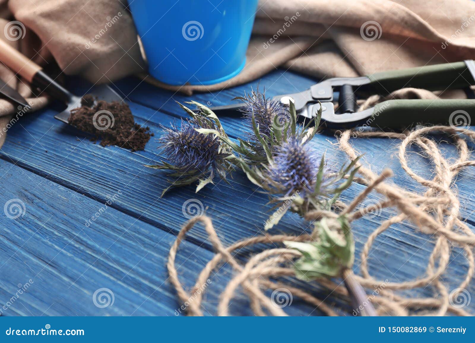 String, Flowers and Gardening Tools on Color Wooden Background Stock ...