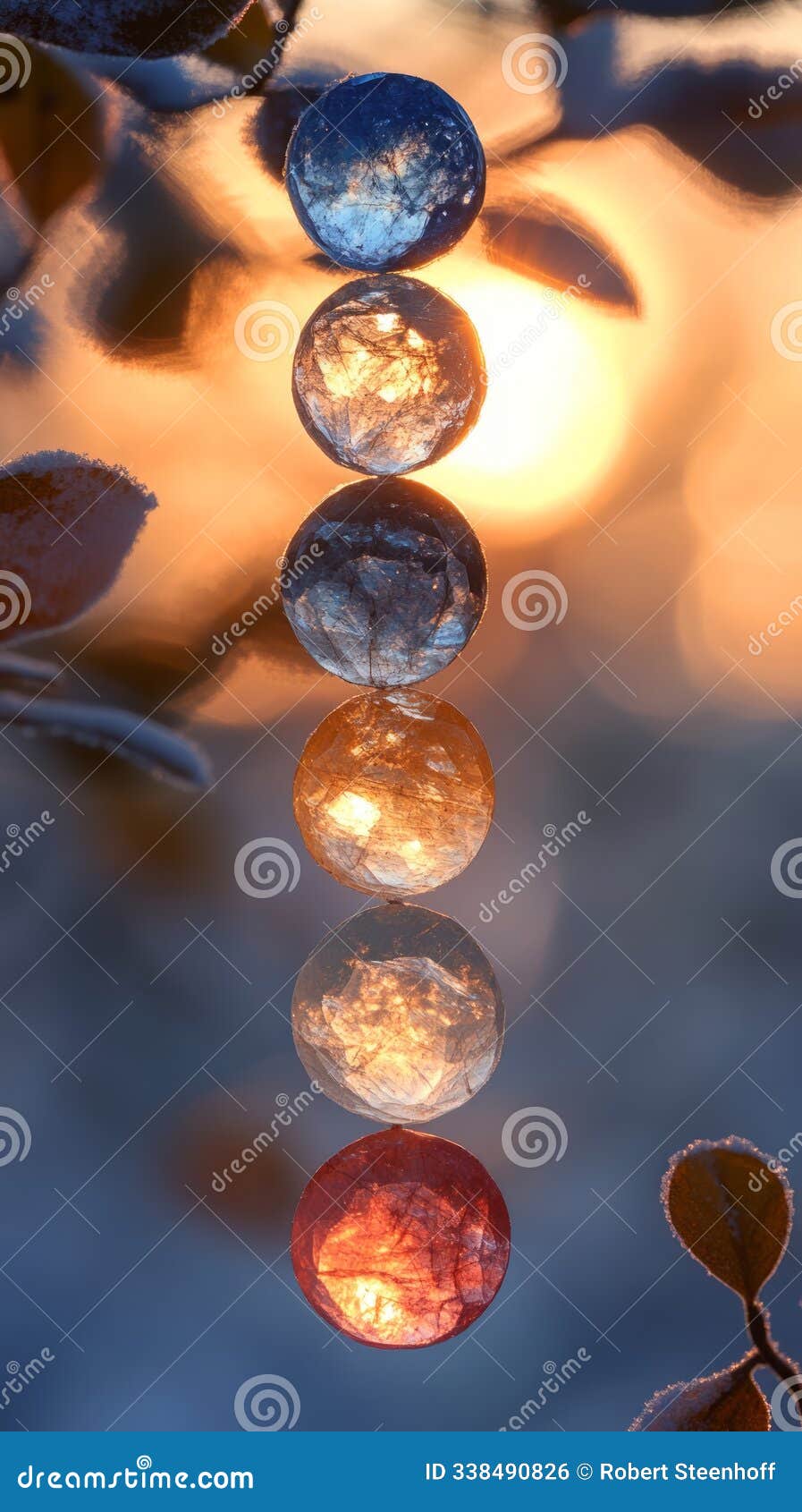 A String of Glistening Orbs Hang from a Tree Branch with a Sunset in ...