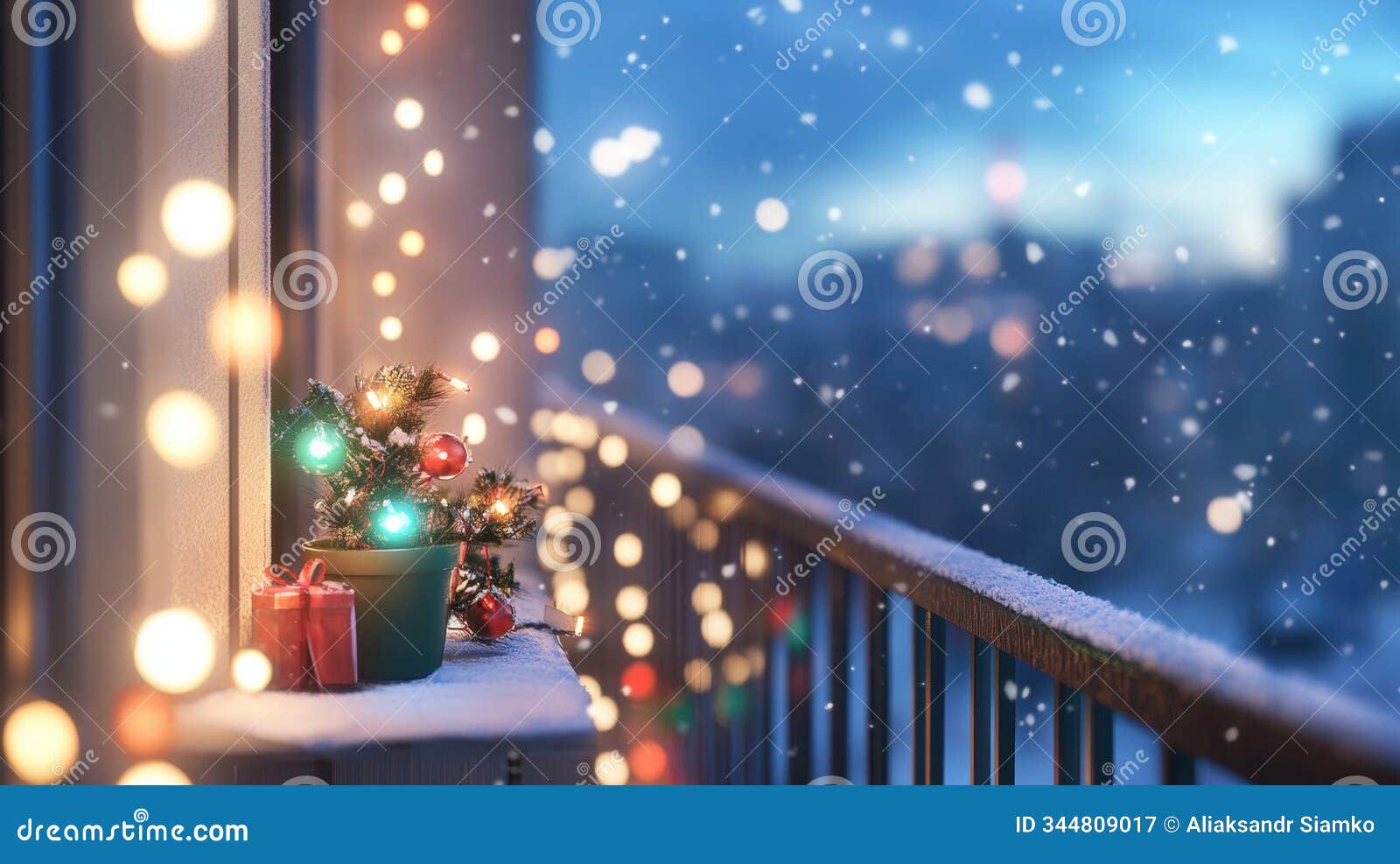 String of Holiday Lights on a Snowy Balcony Stock Illustration ...