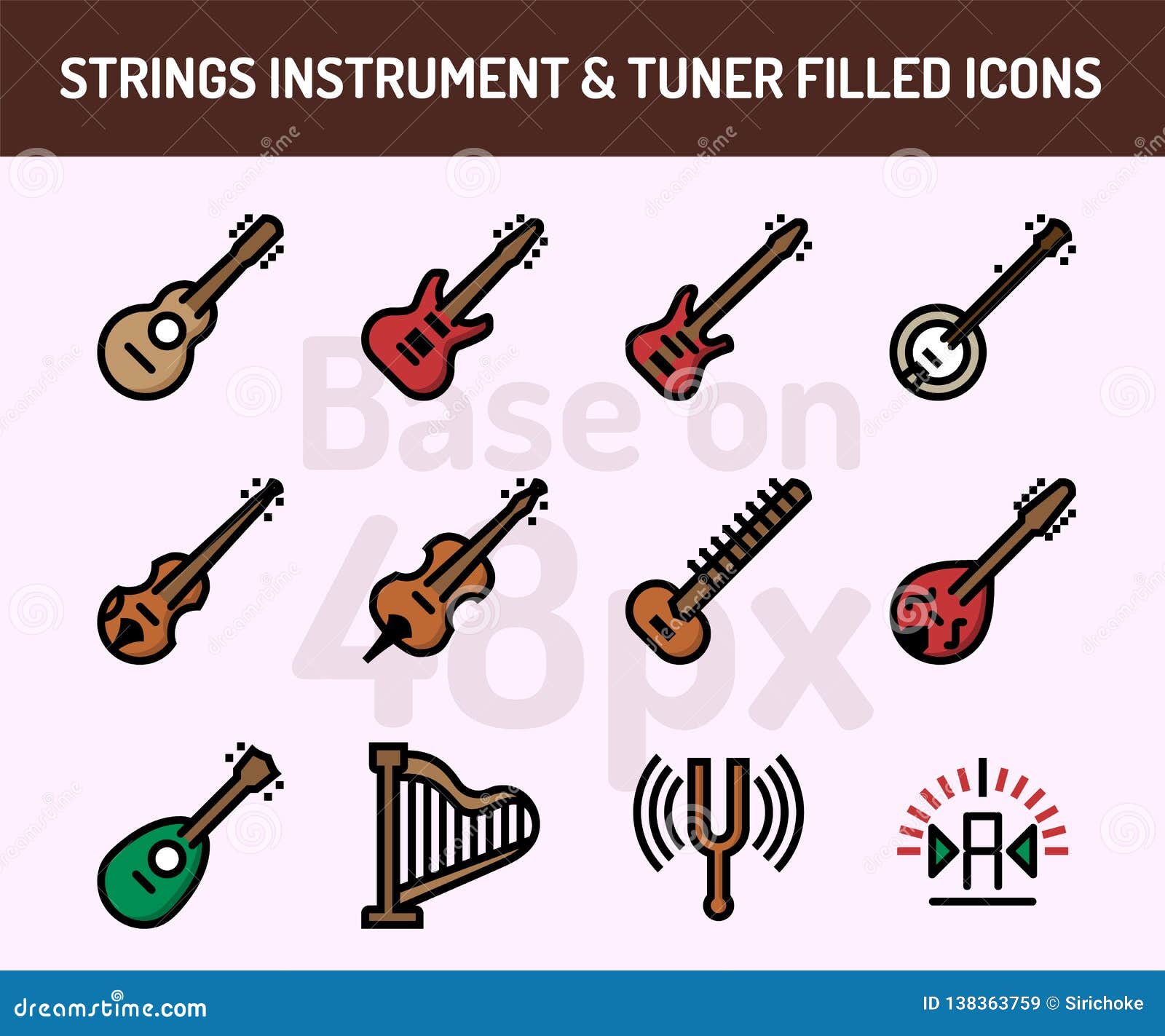 String Instrument Icon Set. Solid Icons Base On 48 Pixel With Pixel ...