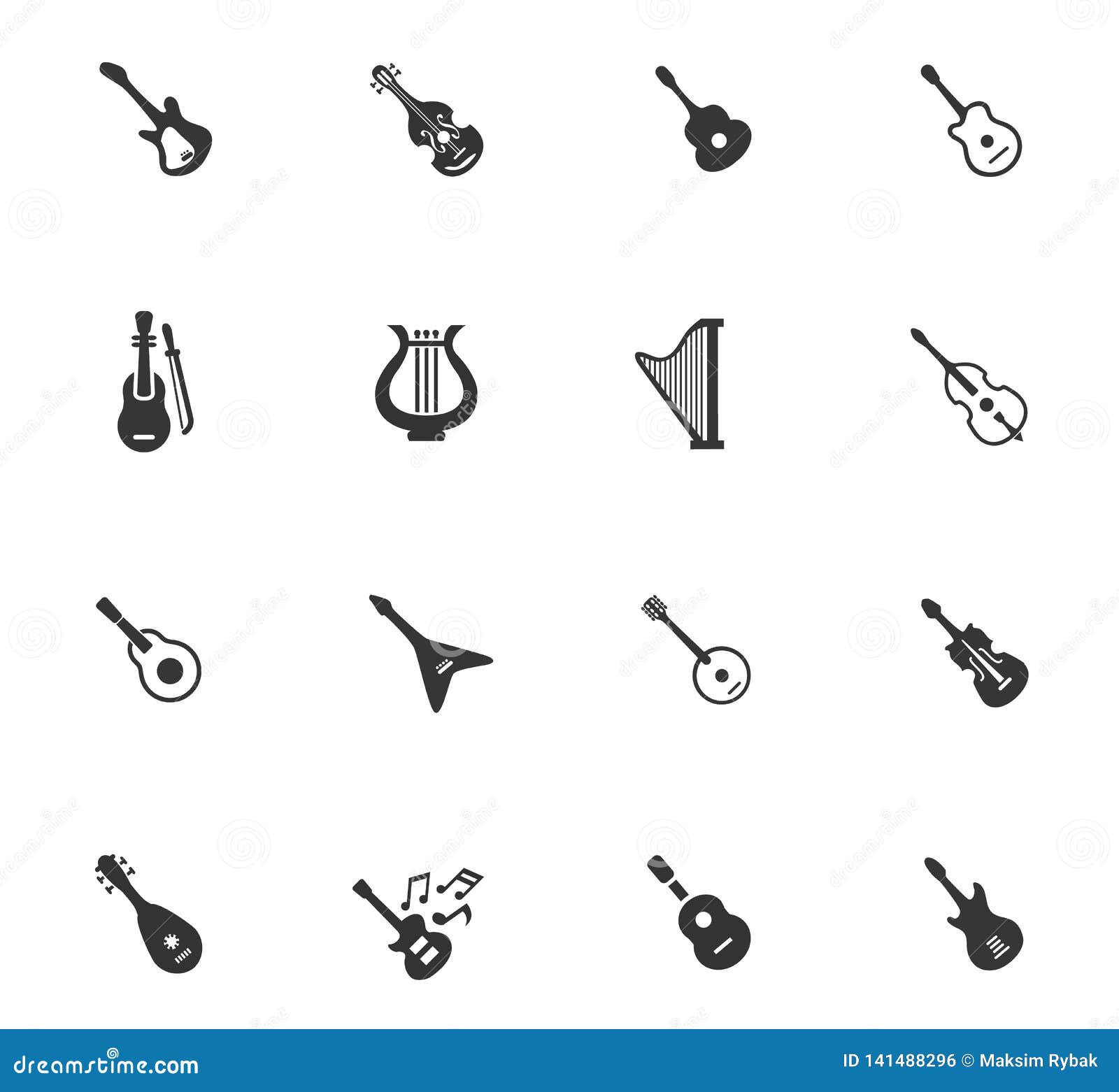 String Instruments Vector Set. Violin, Cello, Double Bass, Guitar, Ukulele, Harp, Lyre String ...