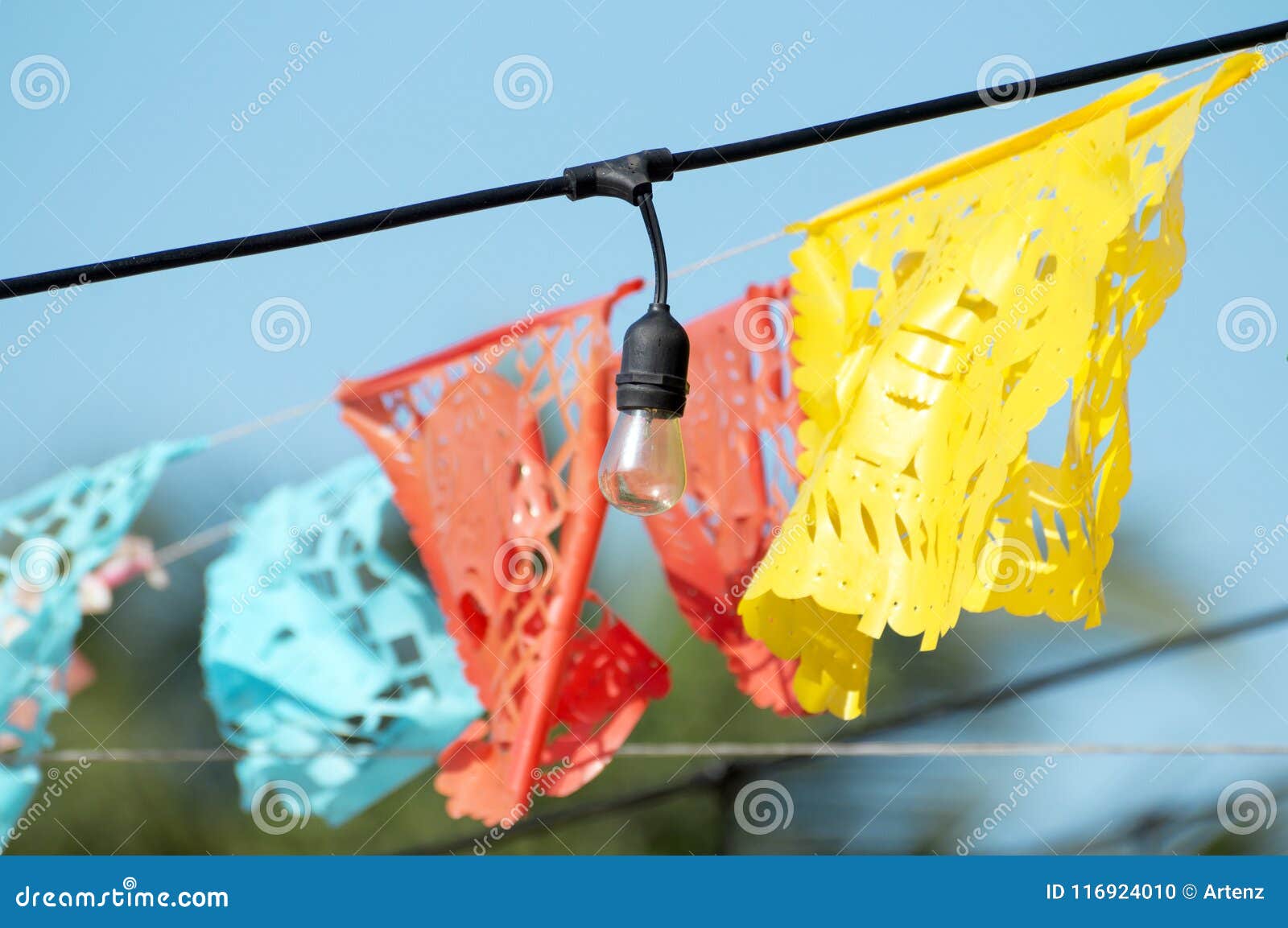 String Light Bulb and Streamers. Stock Photo - Image of electric, scene ...