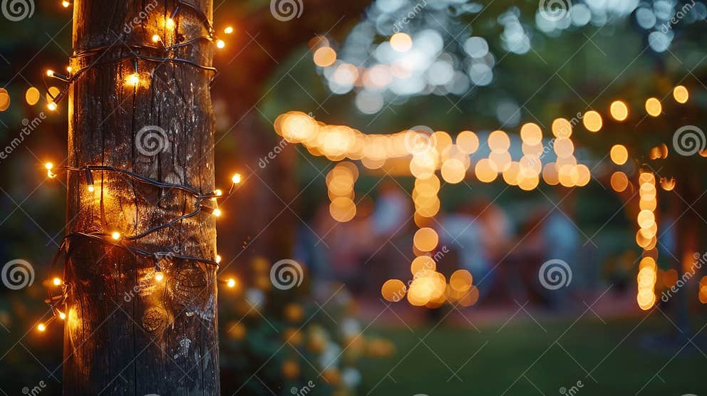 String Lights on a Tree at a Garden Party at Dusk. Stock Photo - Image ...
