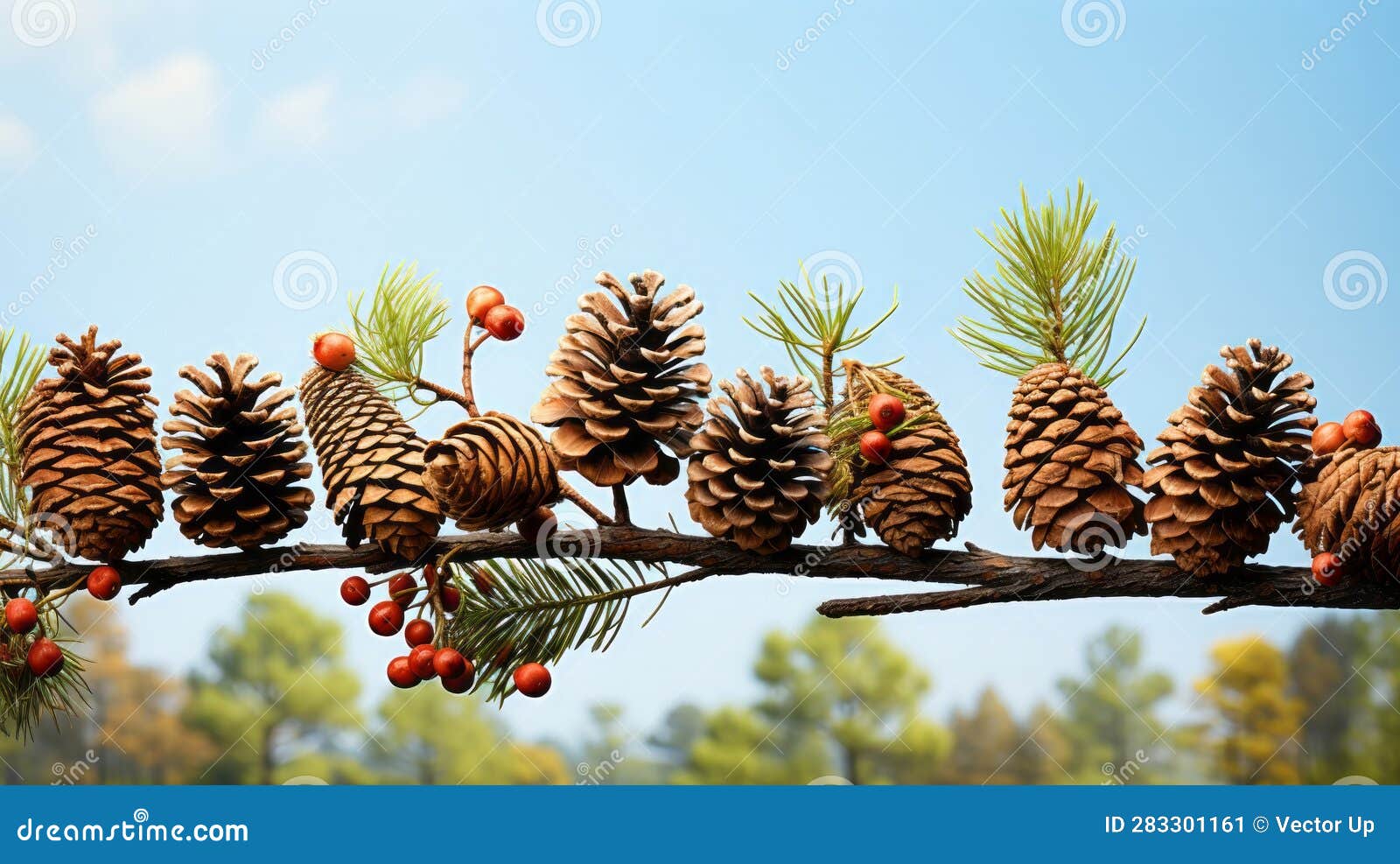 A String of Pine Cones and Leaves. Generative AI. Stock Illustration ...