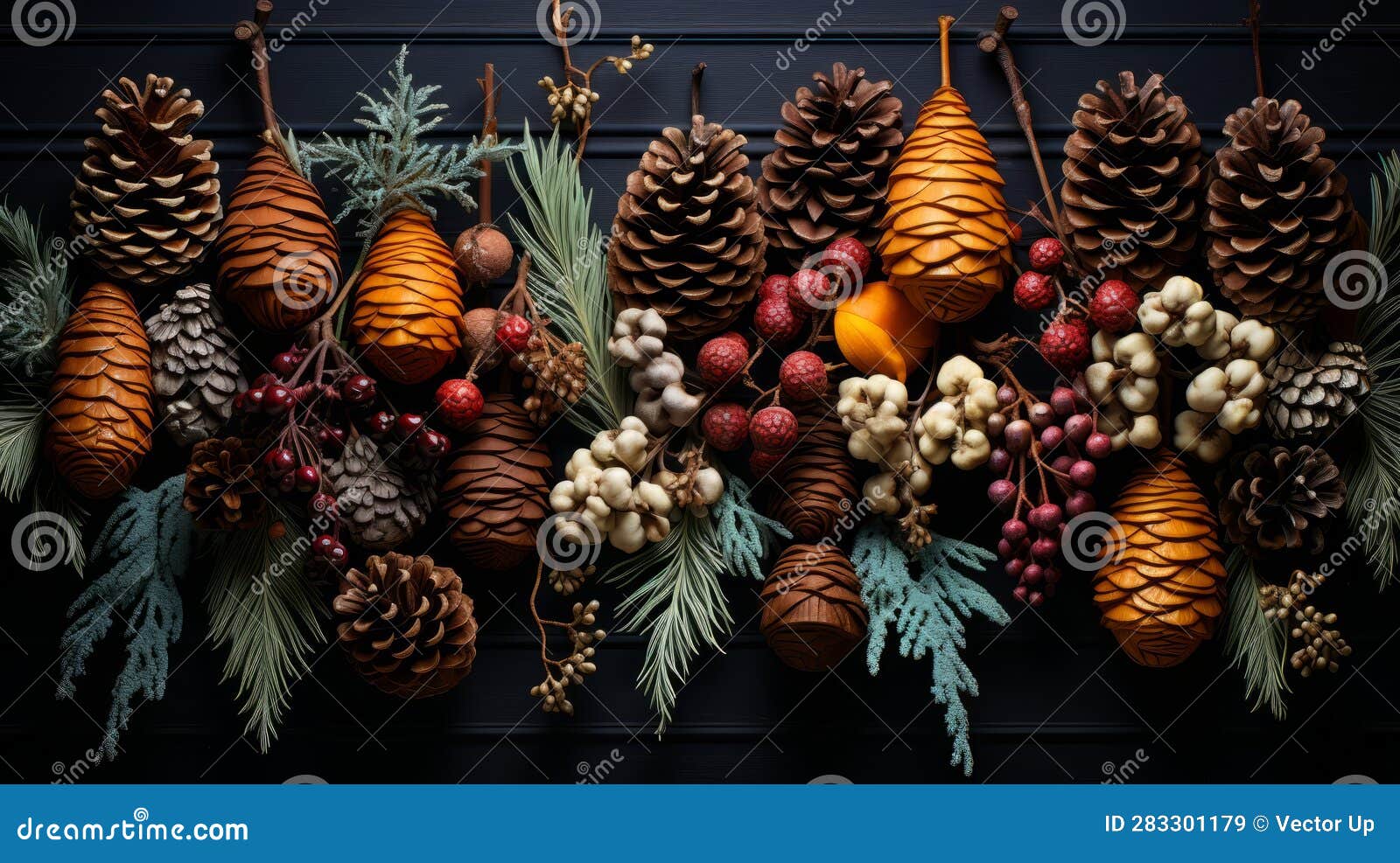 A String of Pine Cones and Leaves. Generative AI. Stock Illustration ...