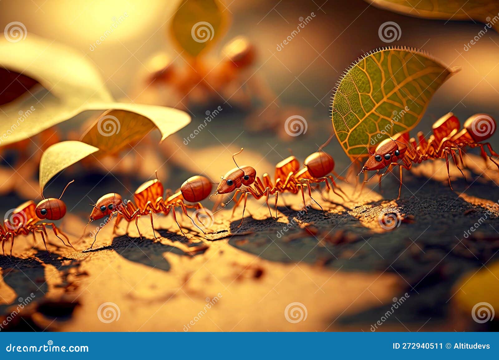 String of Small Red Ants Carrying Leaves into Its Anthill Stock ...